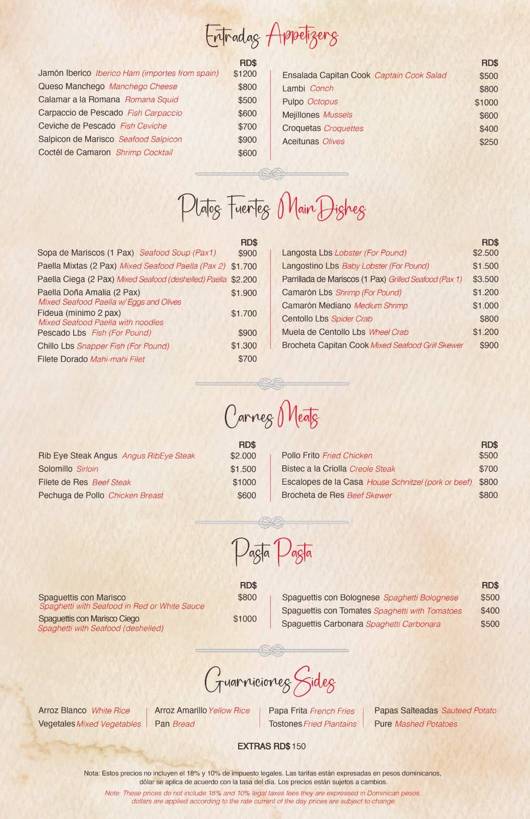 Menu at Restaurante capitán Cook, Punta Cana