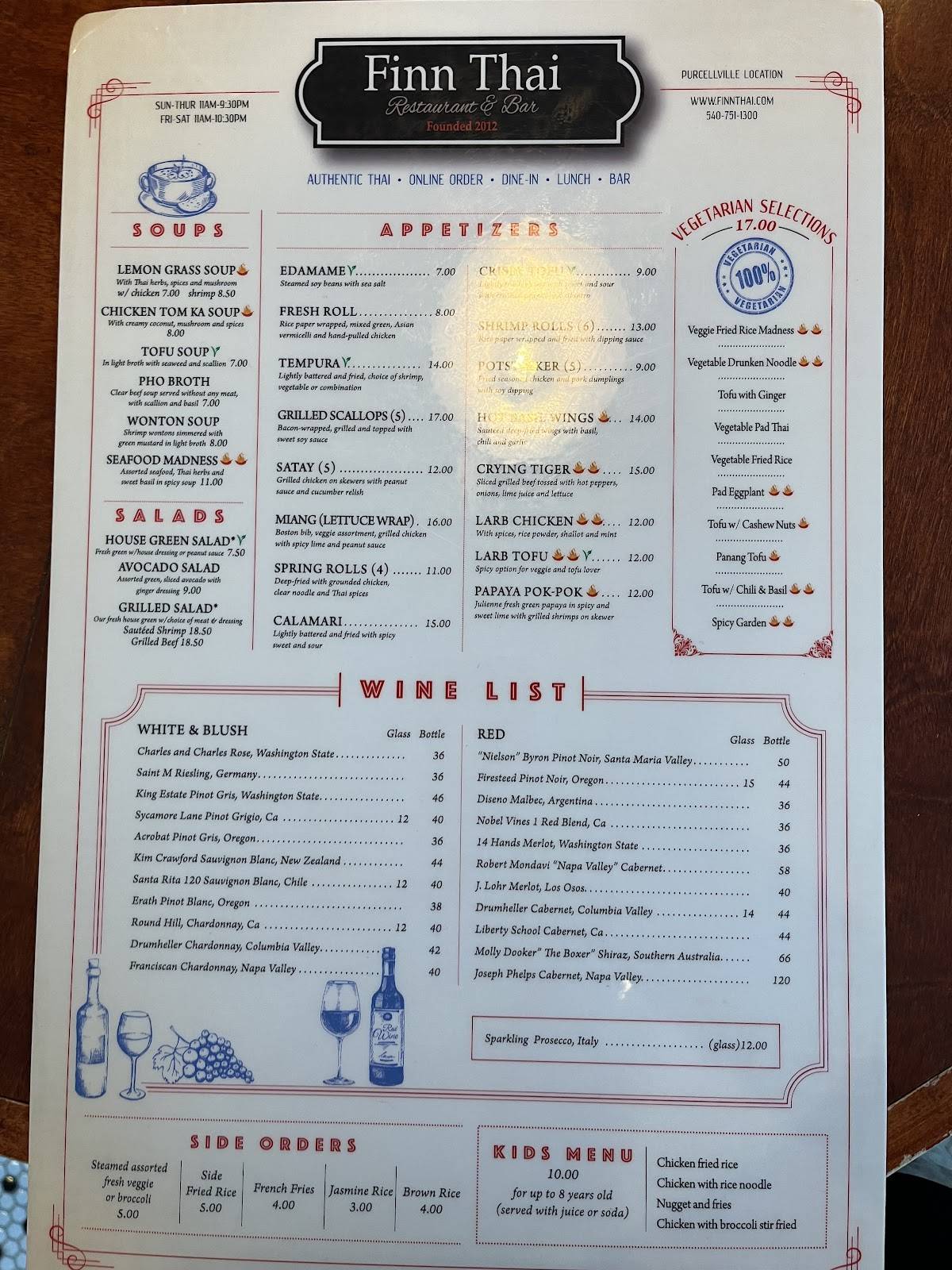 Menu at Finn Thai Purcellville restaurant, Purcellville