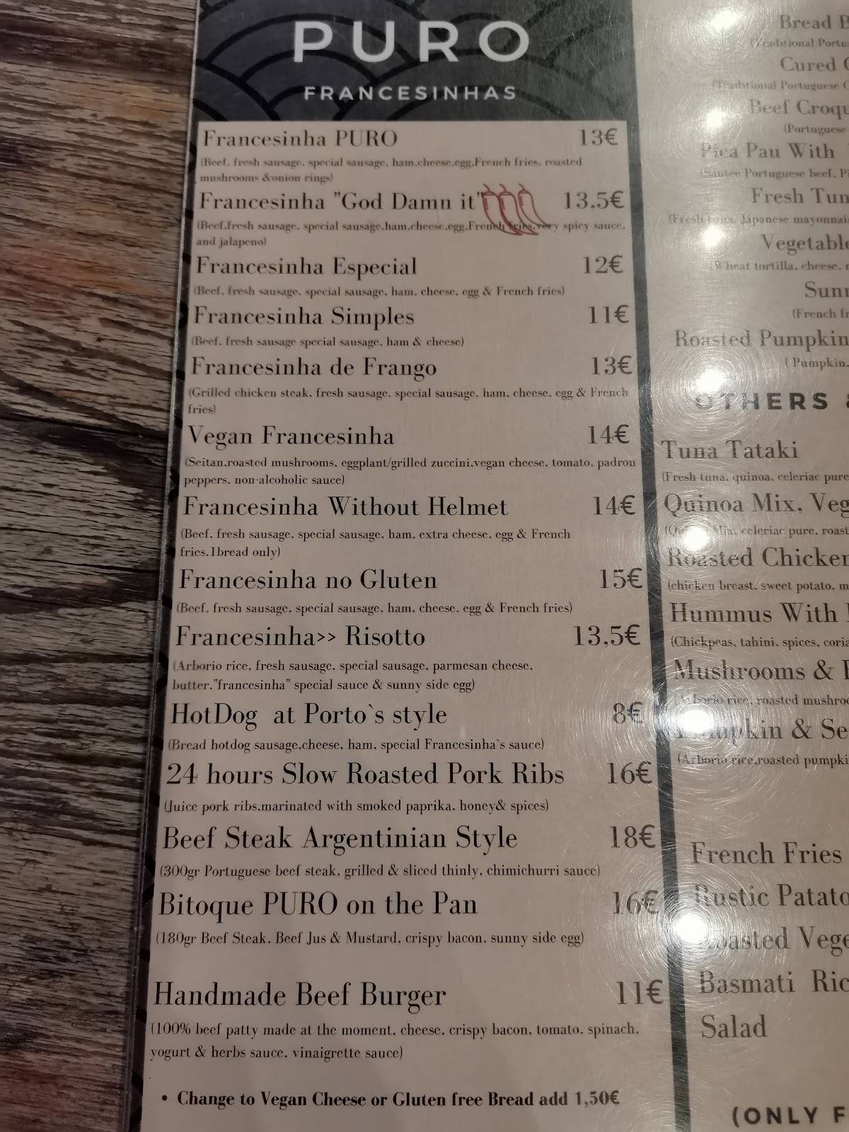 Menu em Puro restaurante, Lisboa