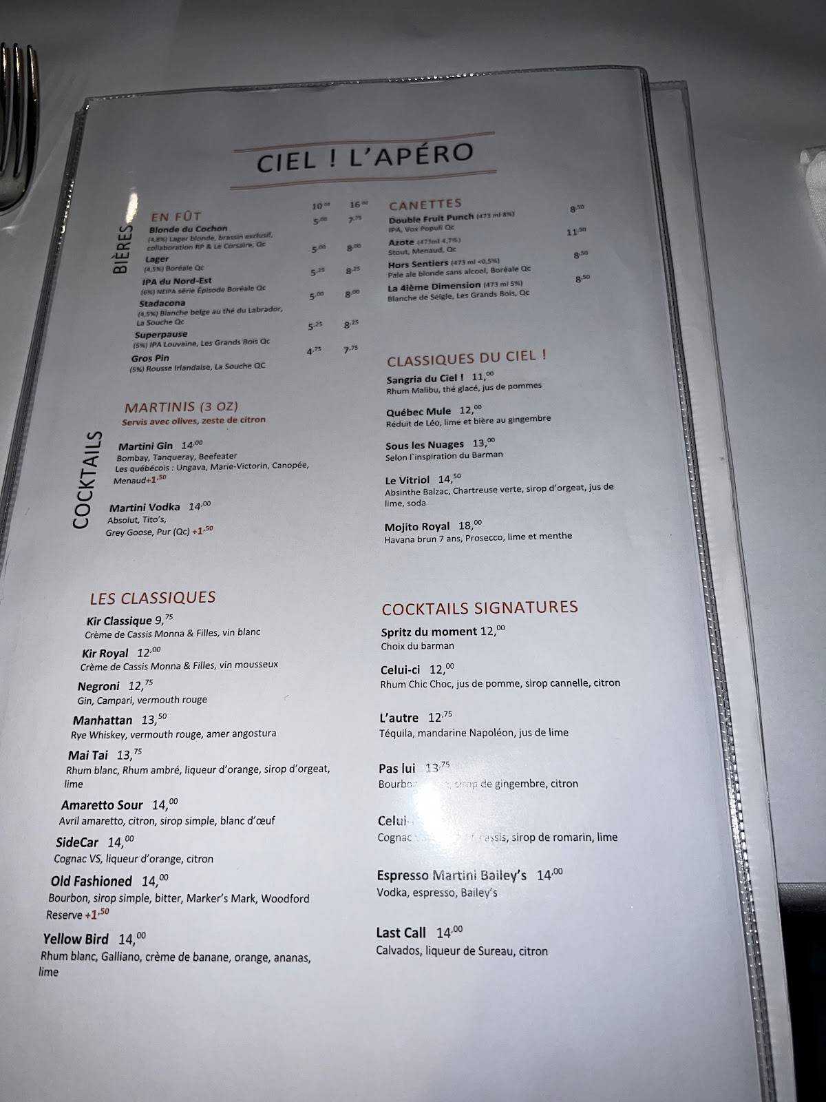 Menu au Ciel! Bistro Bar Tournant, Québec