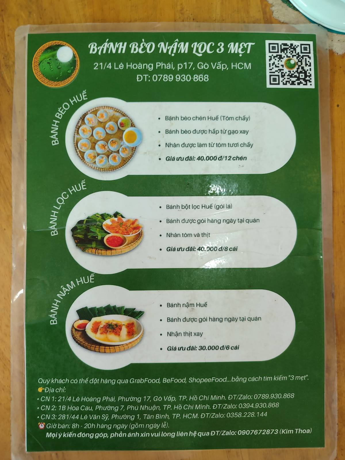 Carta de Quán Ăn Huế 3 Mẹt: Bánh Bèo Nậm Lọc, Cơm Bún Hến, Hến Xúc Bánh ...