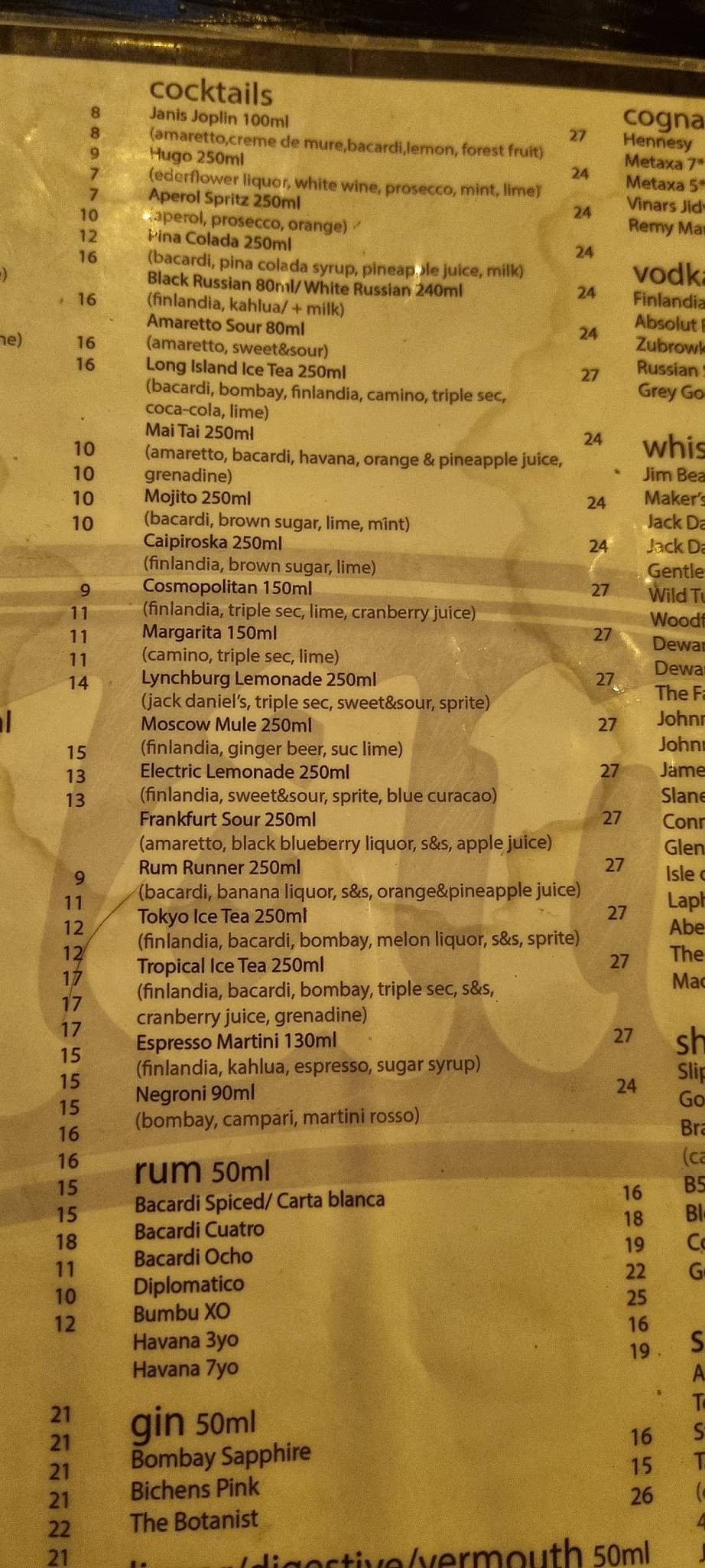Menu at Quantic Pub, Bucharest