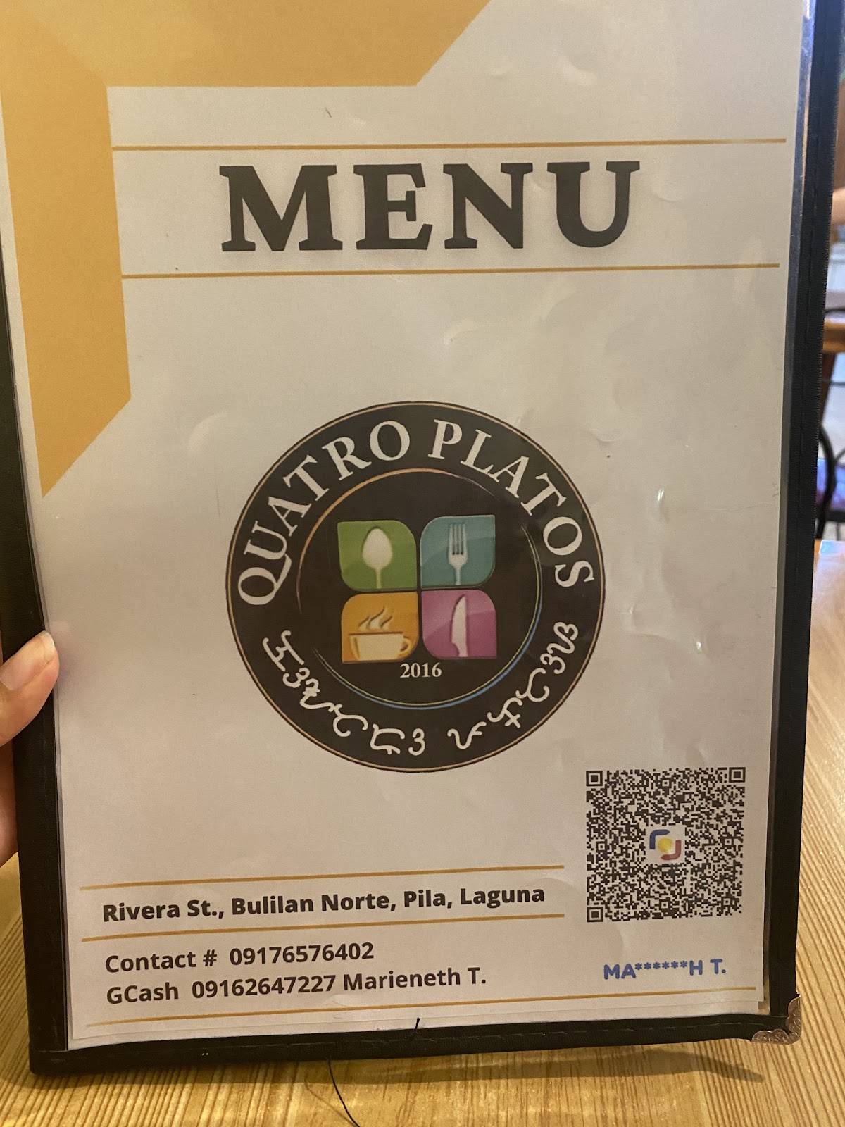 Menu at Quatro Platos restaurant, Pila