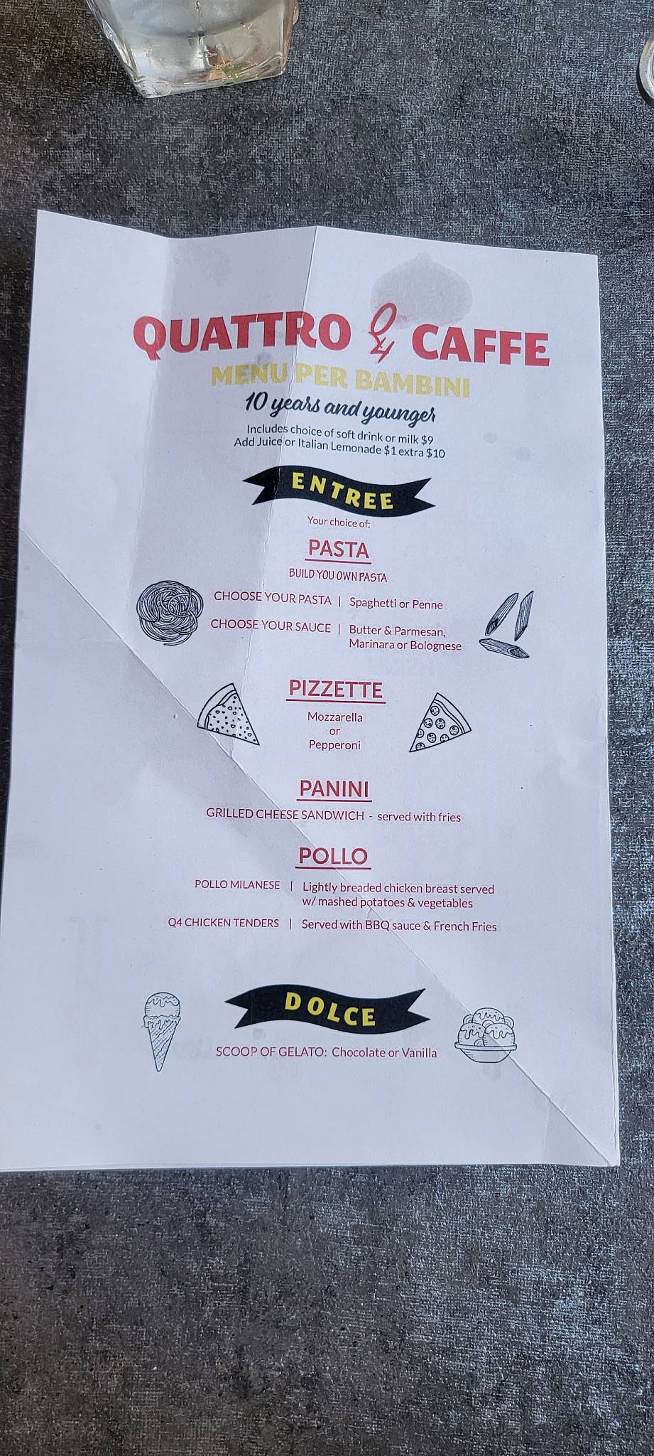 Menu at Quattro Caffé pub & bar, Costa Mesa