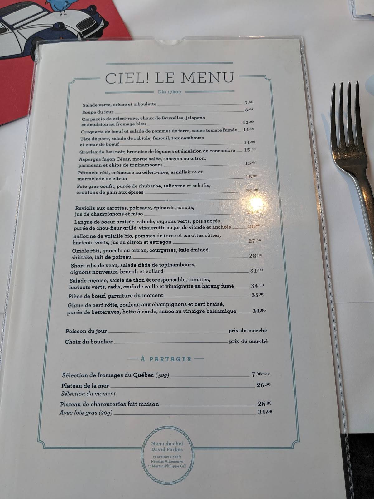 Menu au Ciel! Bistro Bar Tournant, Québec