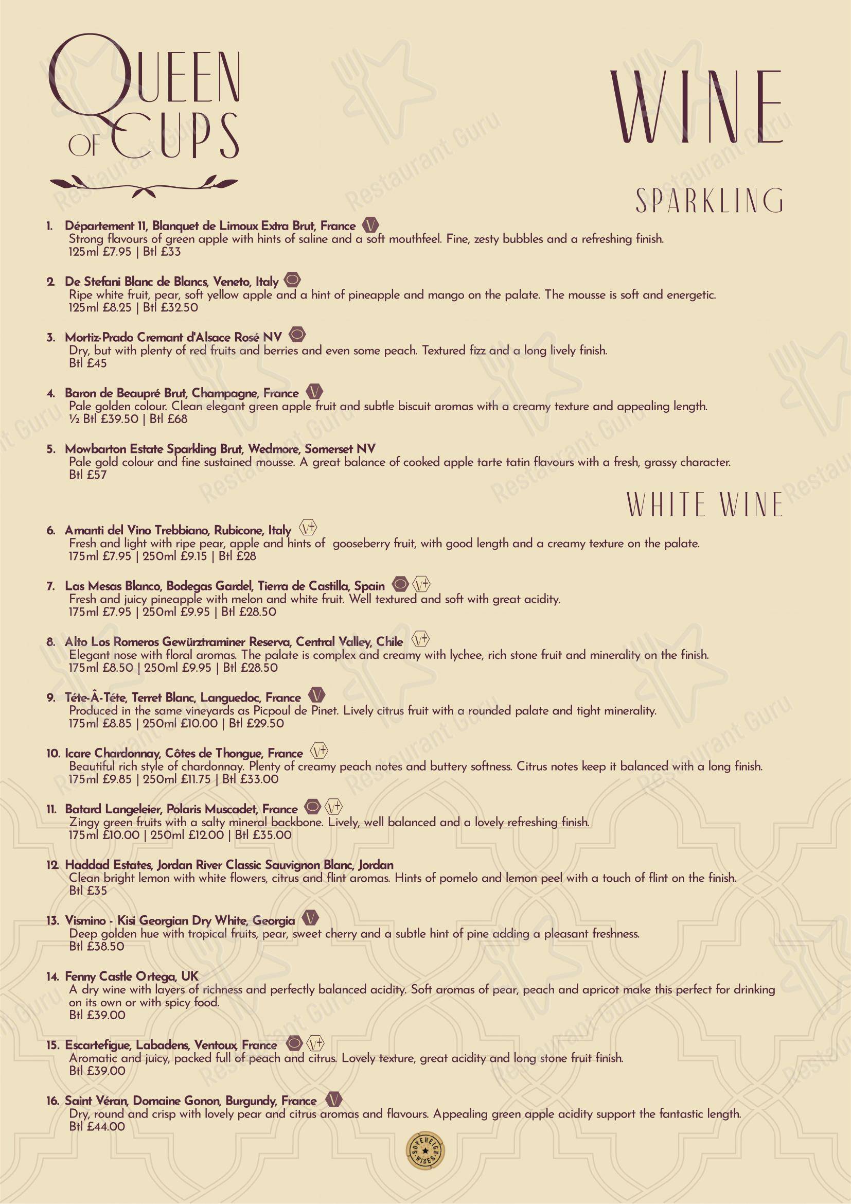 Menu at Queen of Cups restaurant, Glastonbury