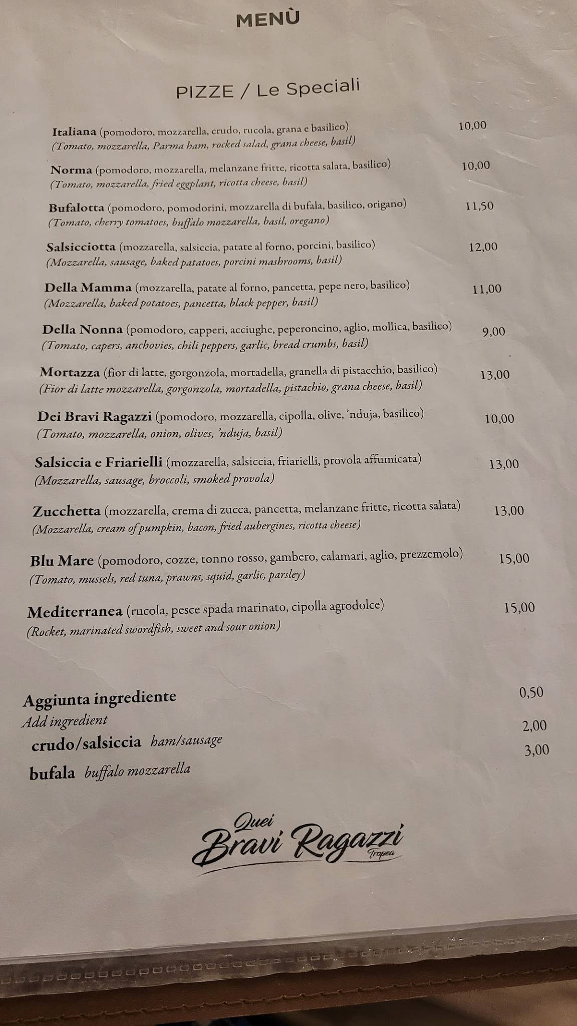Menu da Quei Bravi ragazzi ristorante, Tropea, Via VI Novembre 6