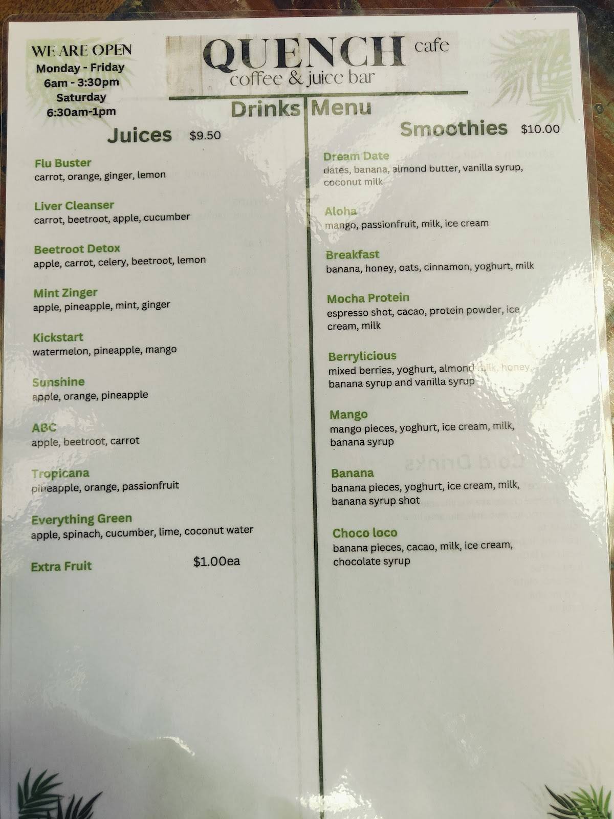 Menu at Quench Cafe Juice Bar, Biggera Waters
