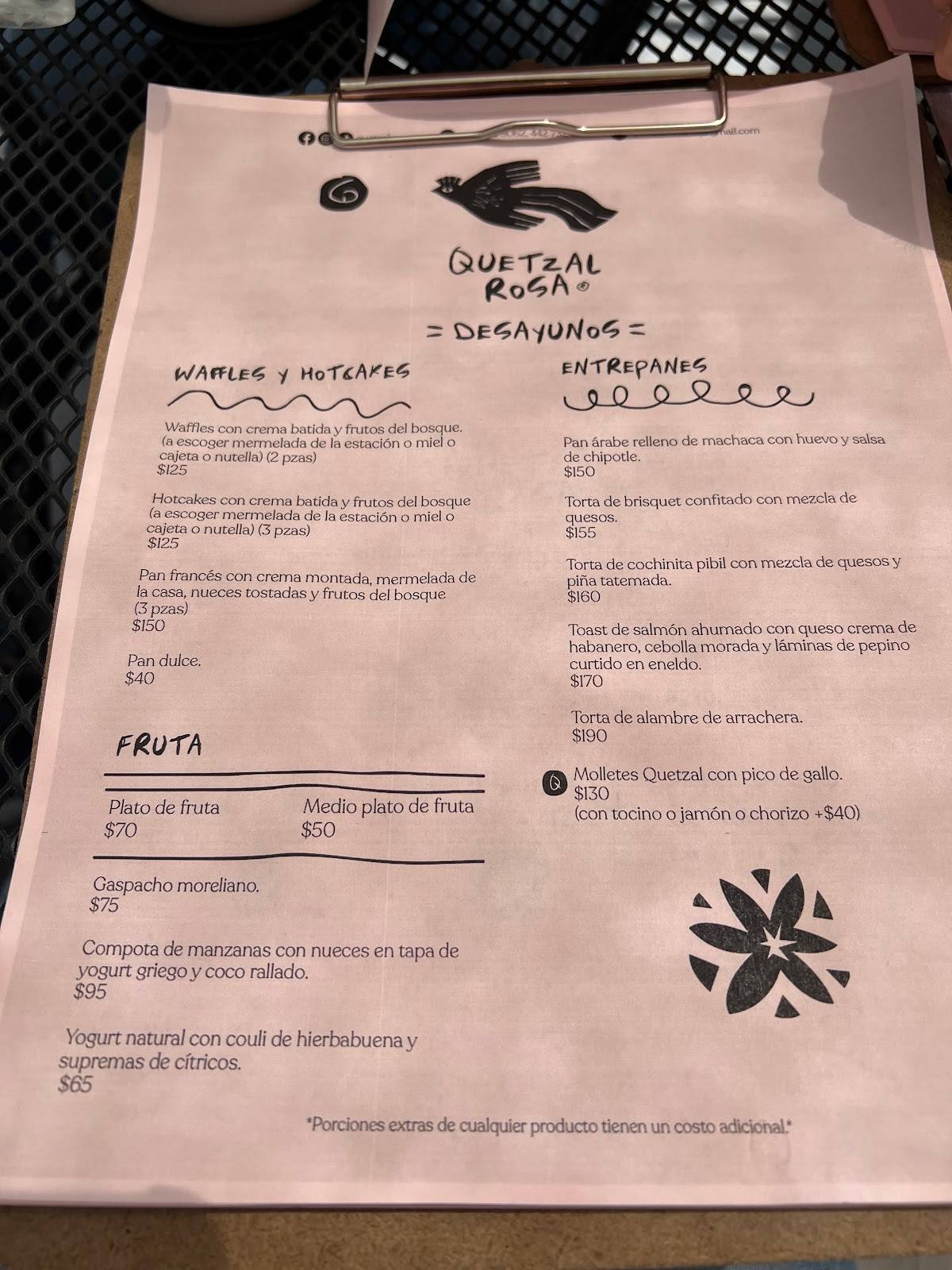 Carta del restaurante Quetzal Rosa, Santiago del Querétaro