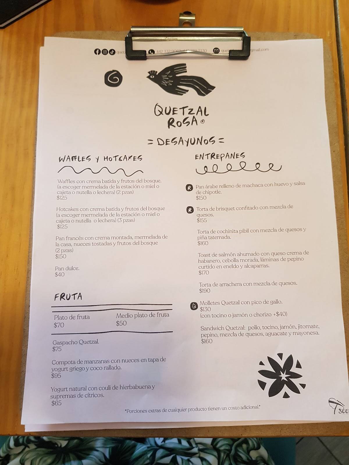Carta del restaurante Quetzal Rosa, Santiago del Querétaro