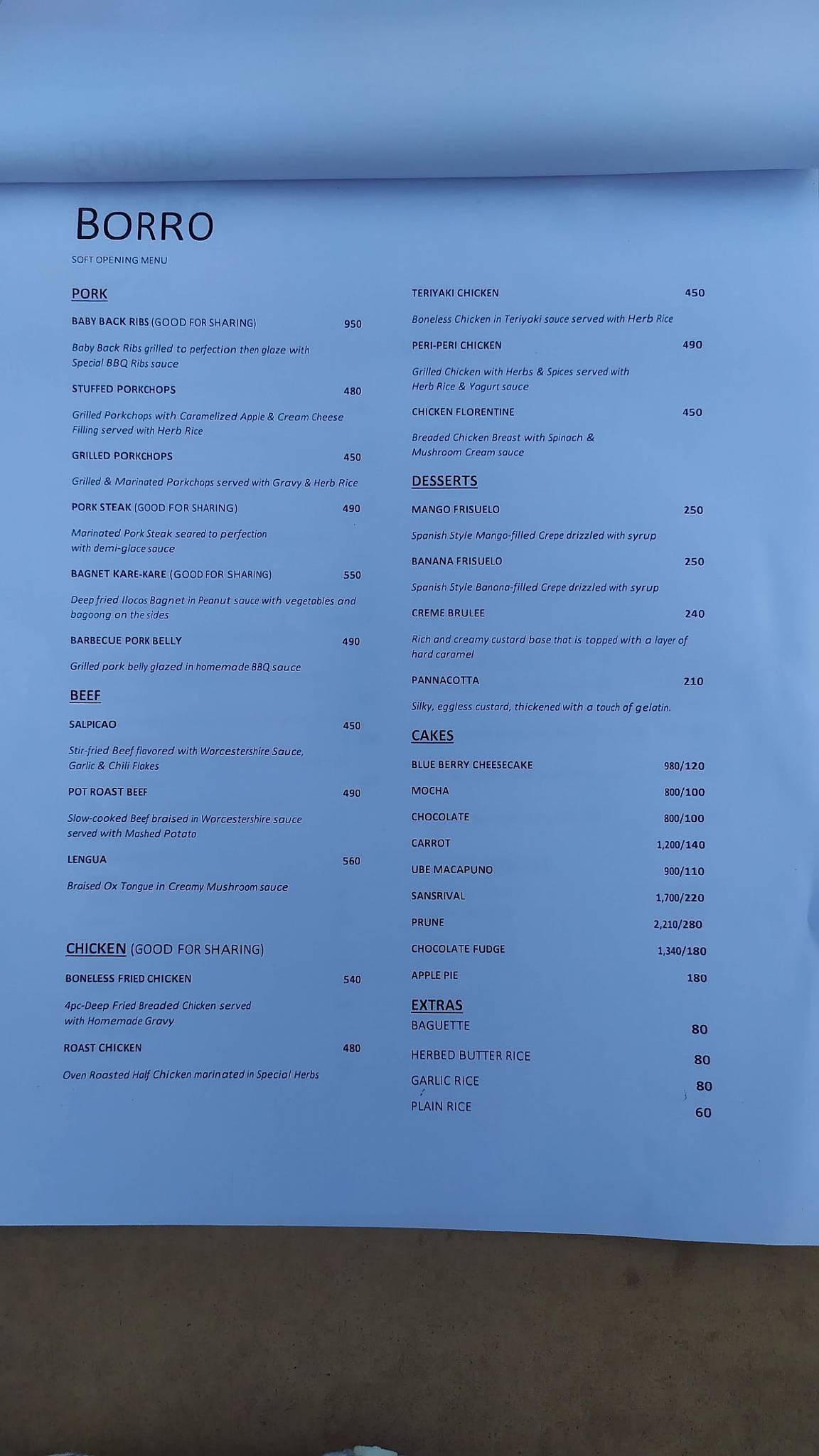Menu at Borro restaurant, Quezon City