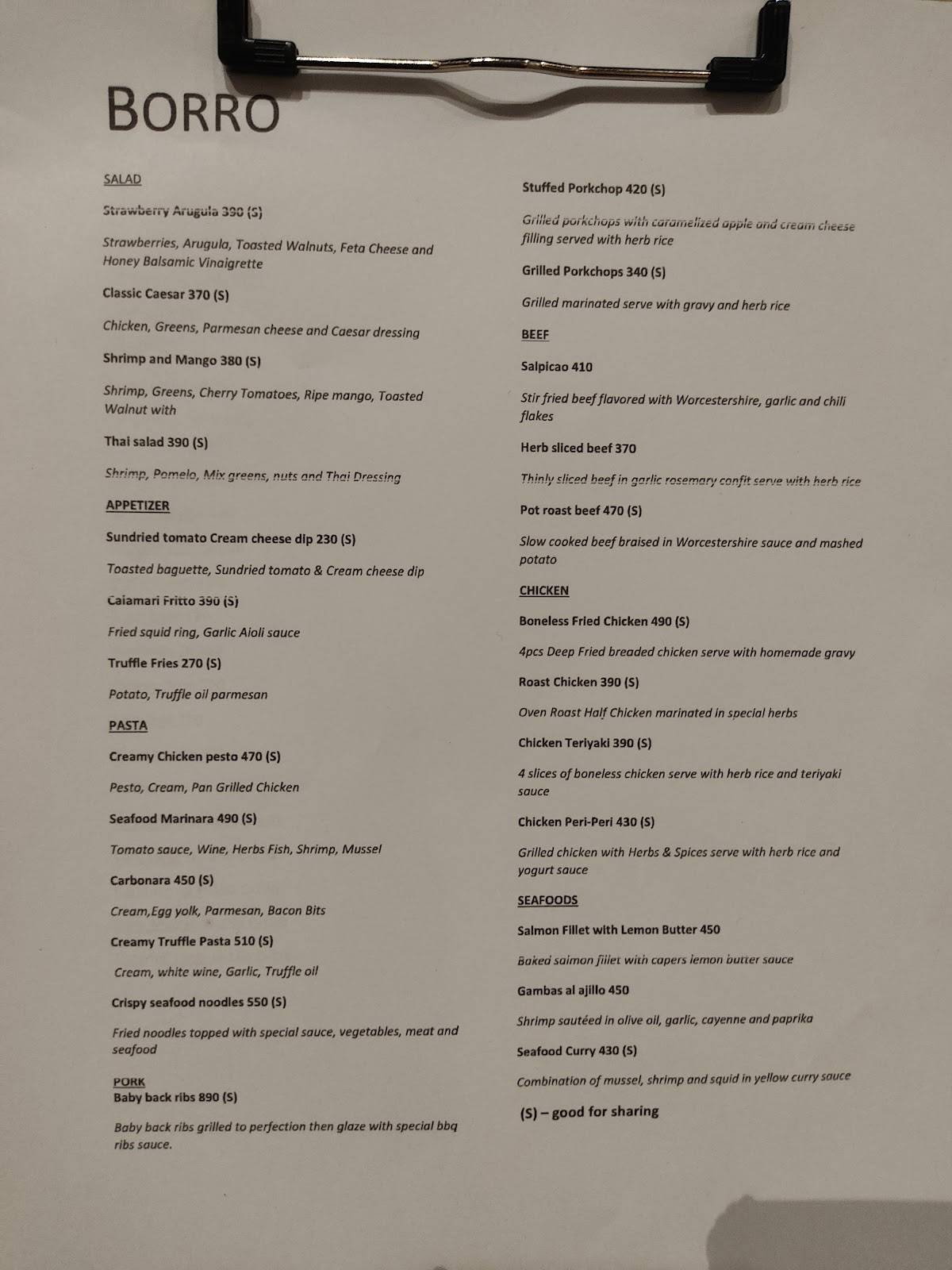 Menu at Borro restaurant, Quezon City