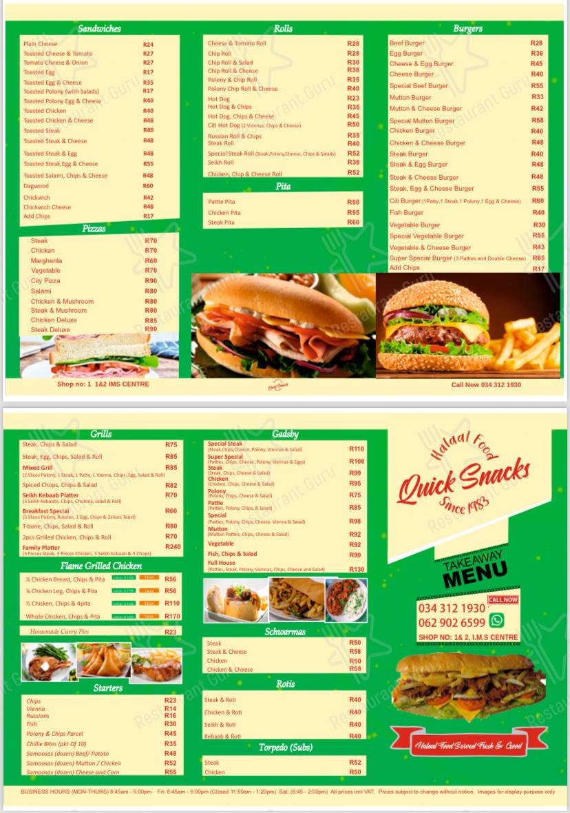 Menu at Quick Snacks restaurant, Newcastle