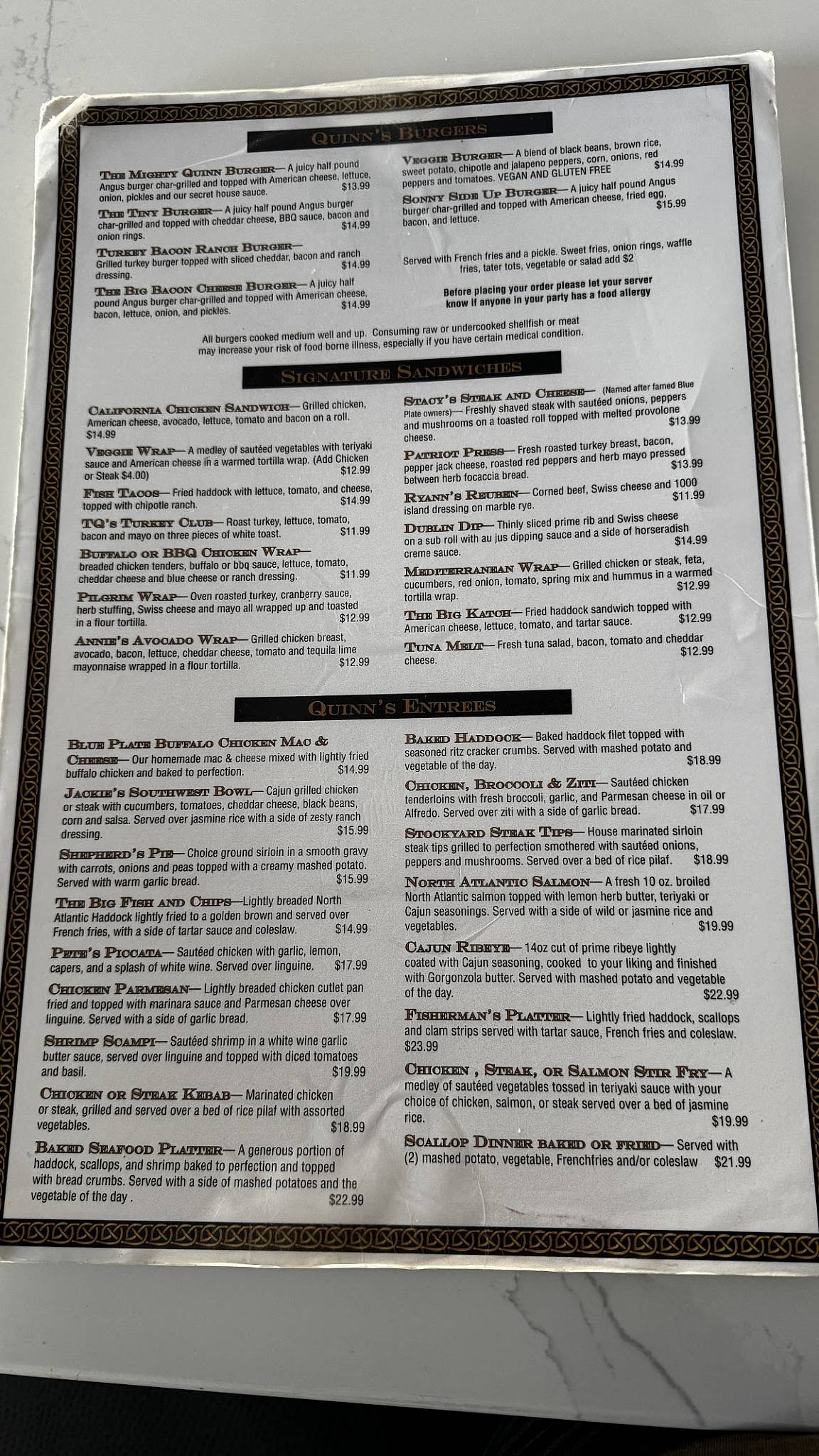 Menu at Quinns Blue Plate pub & bar, Holden