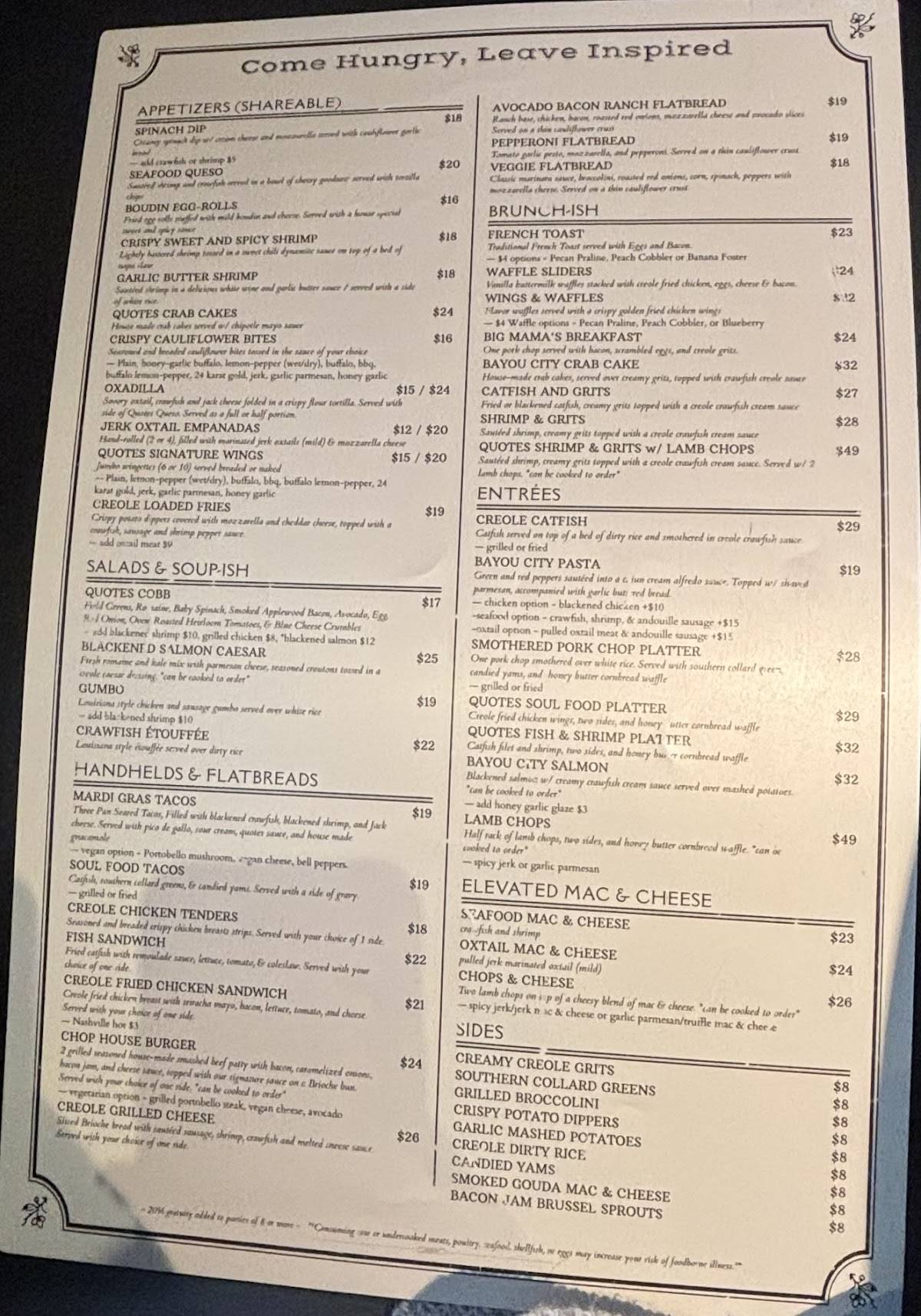 Menu at Quotes pub & bar, Houston