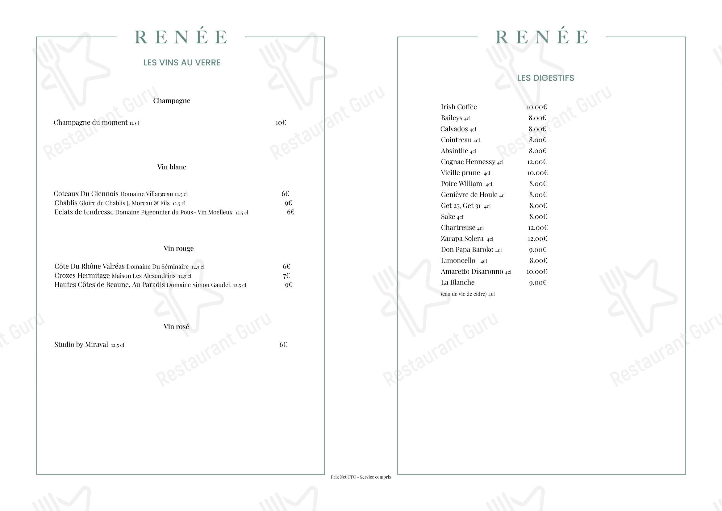 Menu au Renée restaurant, Dunkerque