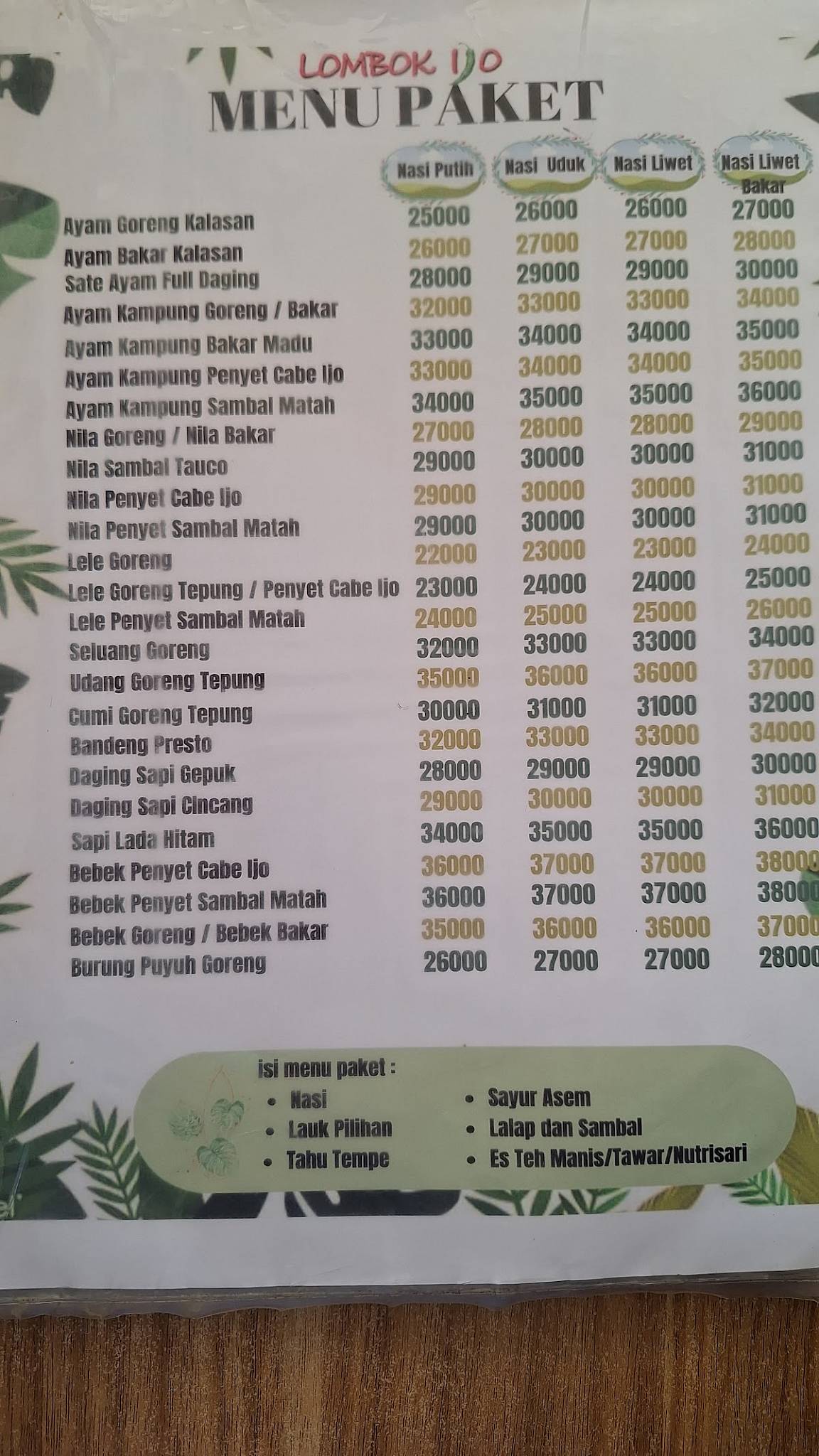 Menu at RM. Lombok Ijo restaurant, Prabumulih, Jl. Jenderal Sudirman No.14