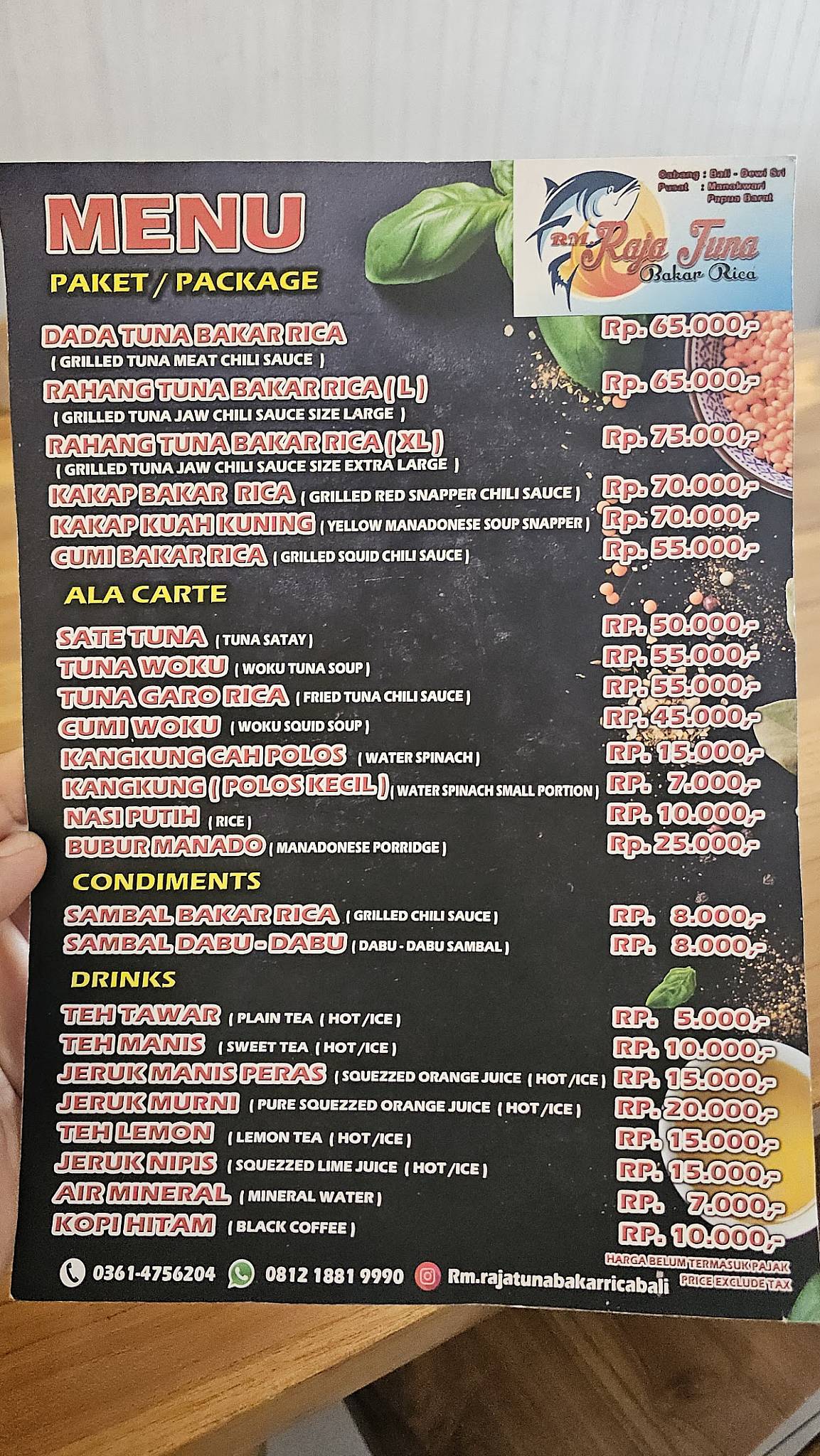 Menu at RM Raja Tuna Bakar Rica, Cabang Papua restaurant, Mengwi