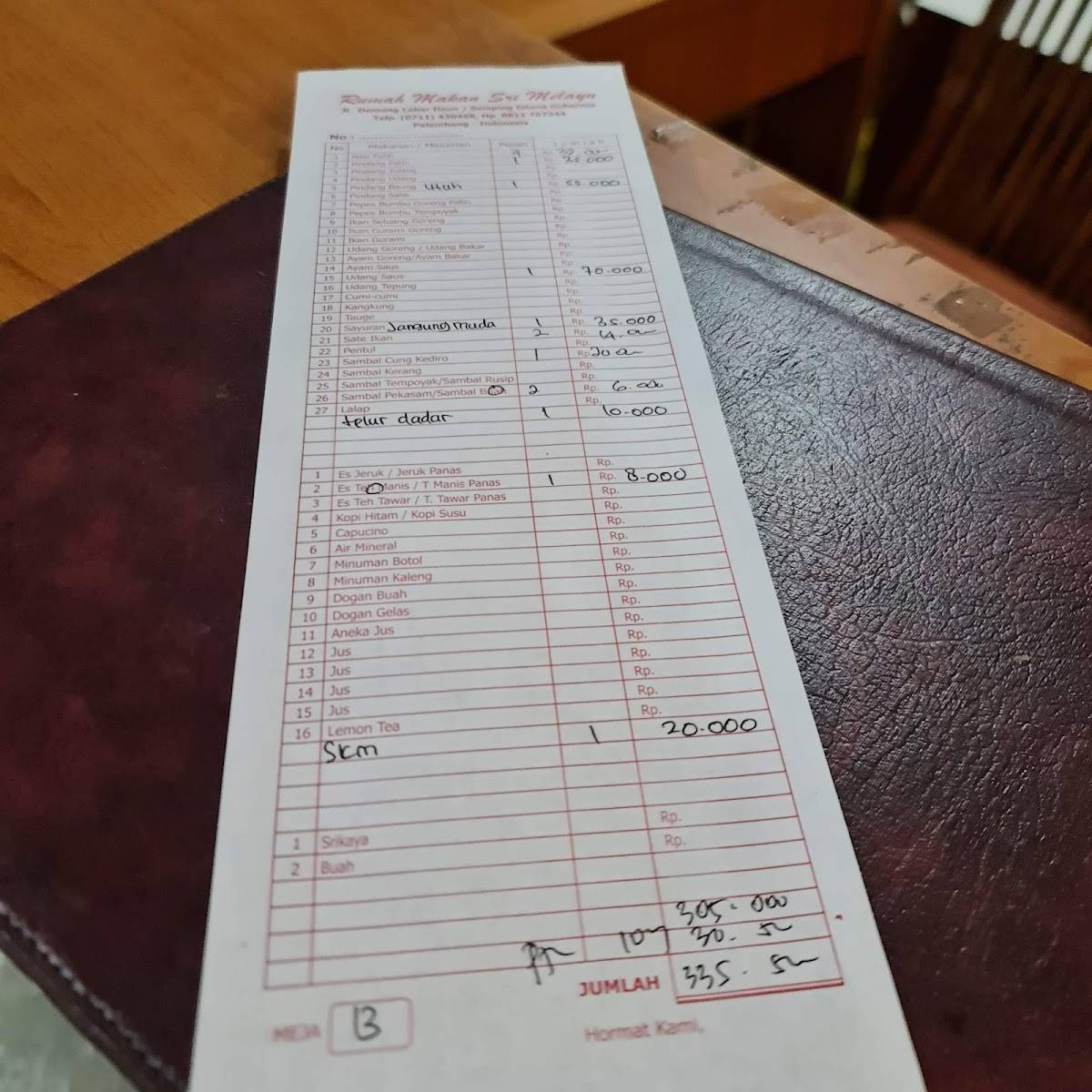 Menu at RM Sri Melayu restaurant, Palembang