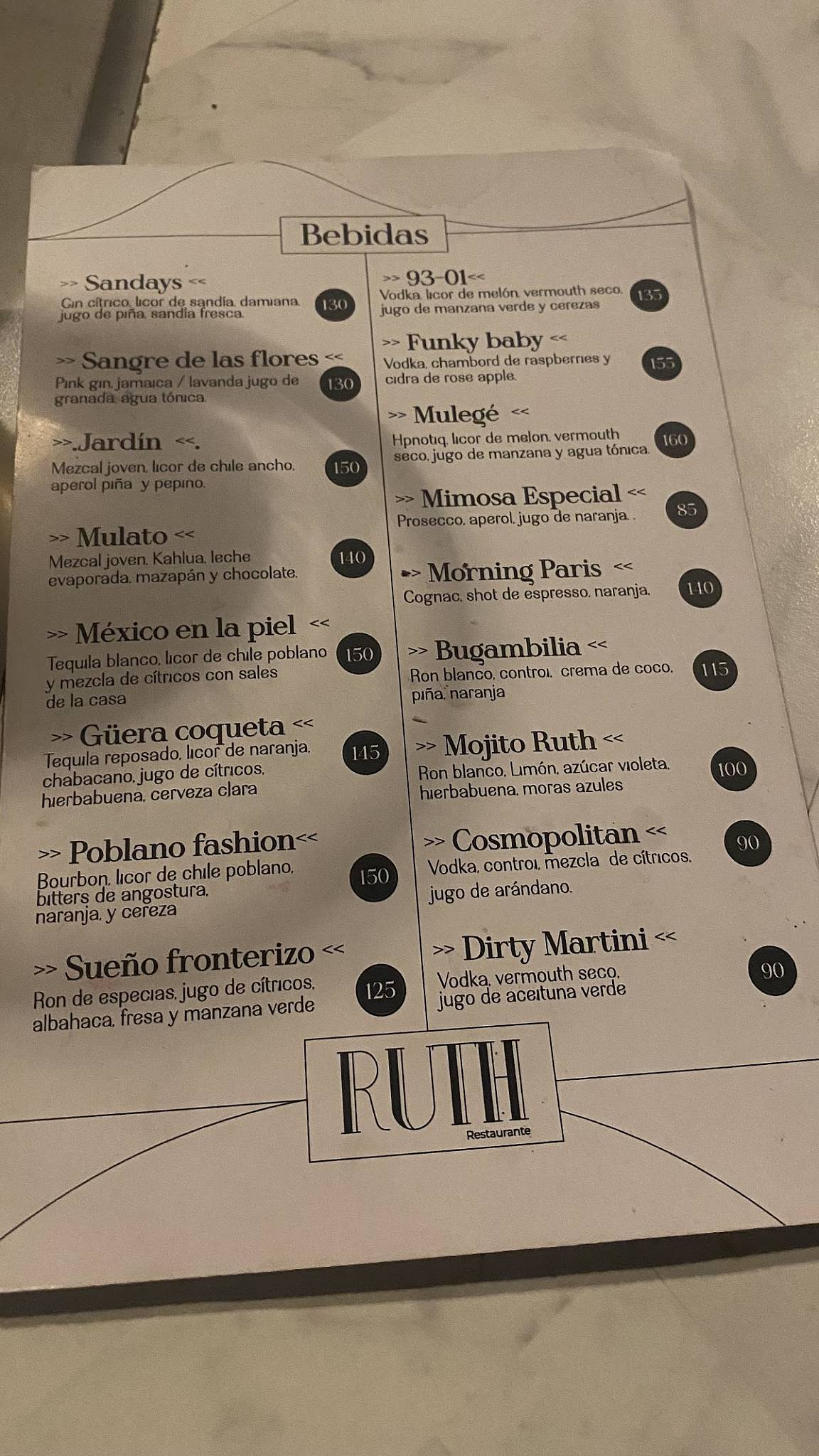 Menu at RUTH restaurante, Tijuana