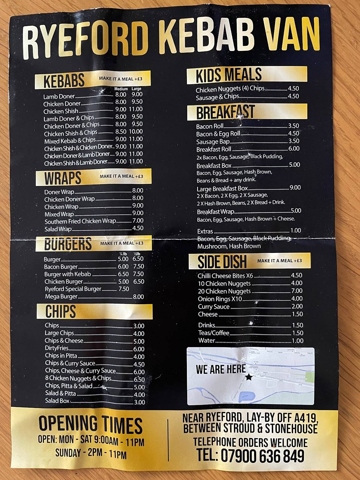 Menu at Ryeford Kebab Van fast food, Stonehouse