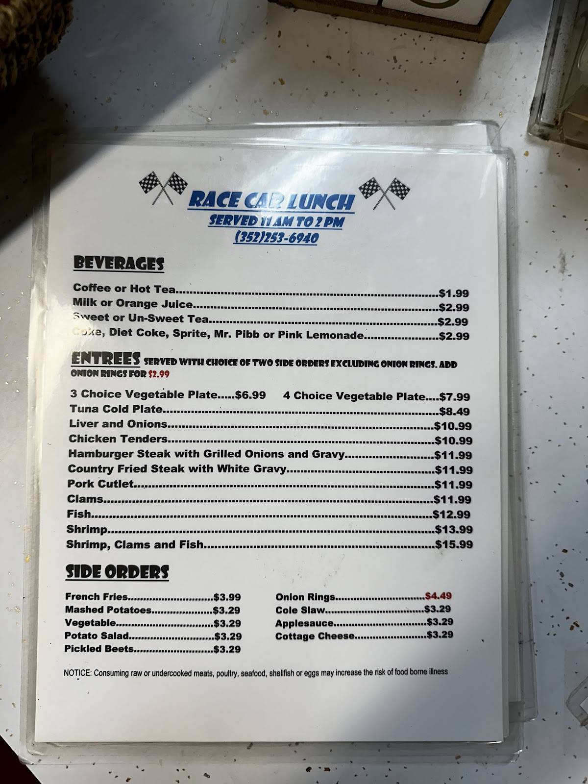 Menu at Race Car Diner restaurant, Astatula