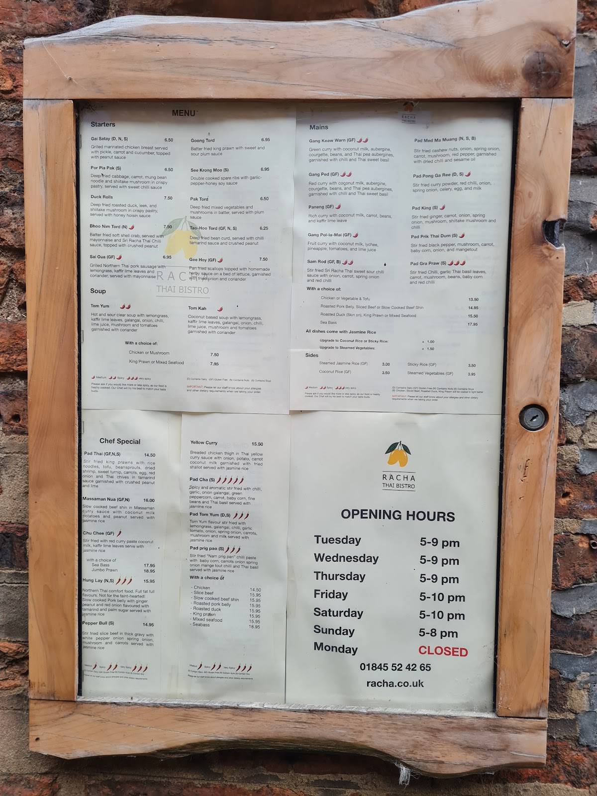 Menu at Racha Thai Bistro restaurant, Thirsk