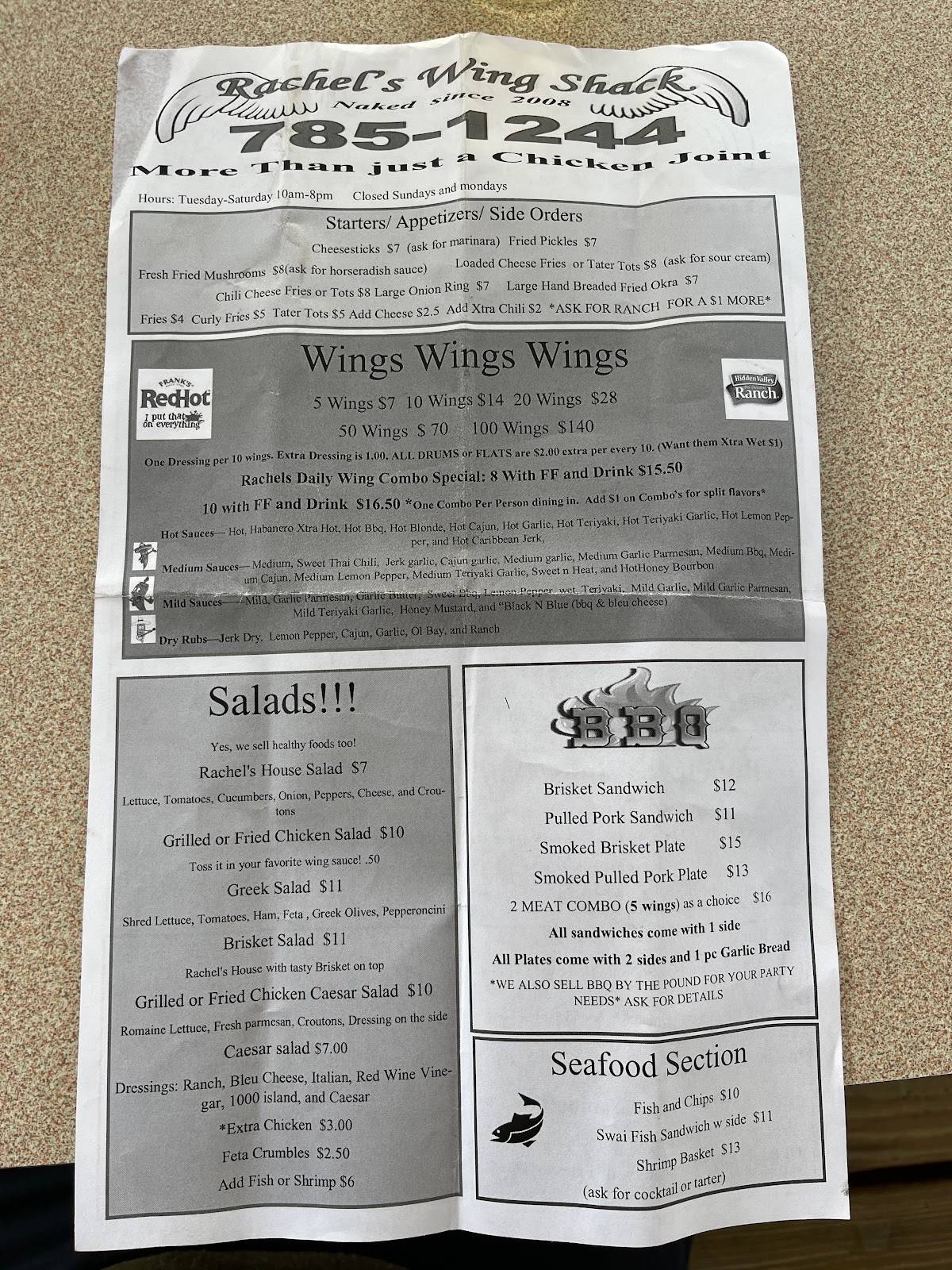 Menu at Rachel's wingshack restaurant, DeLand
