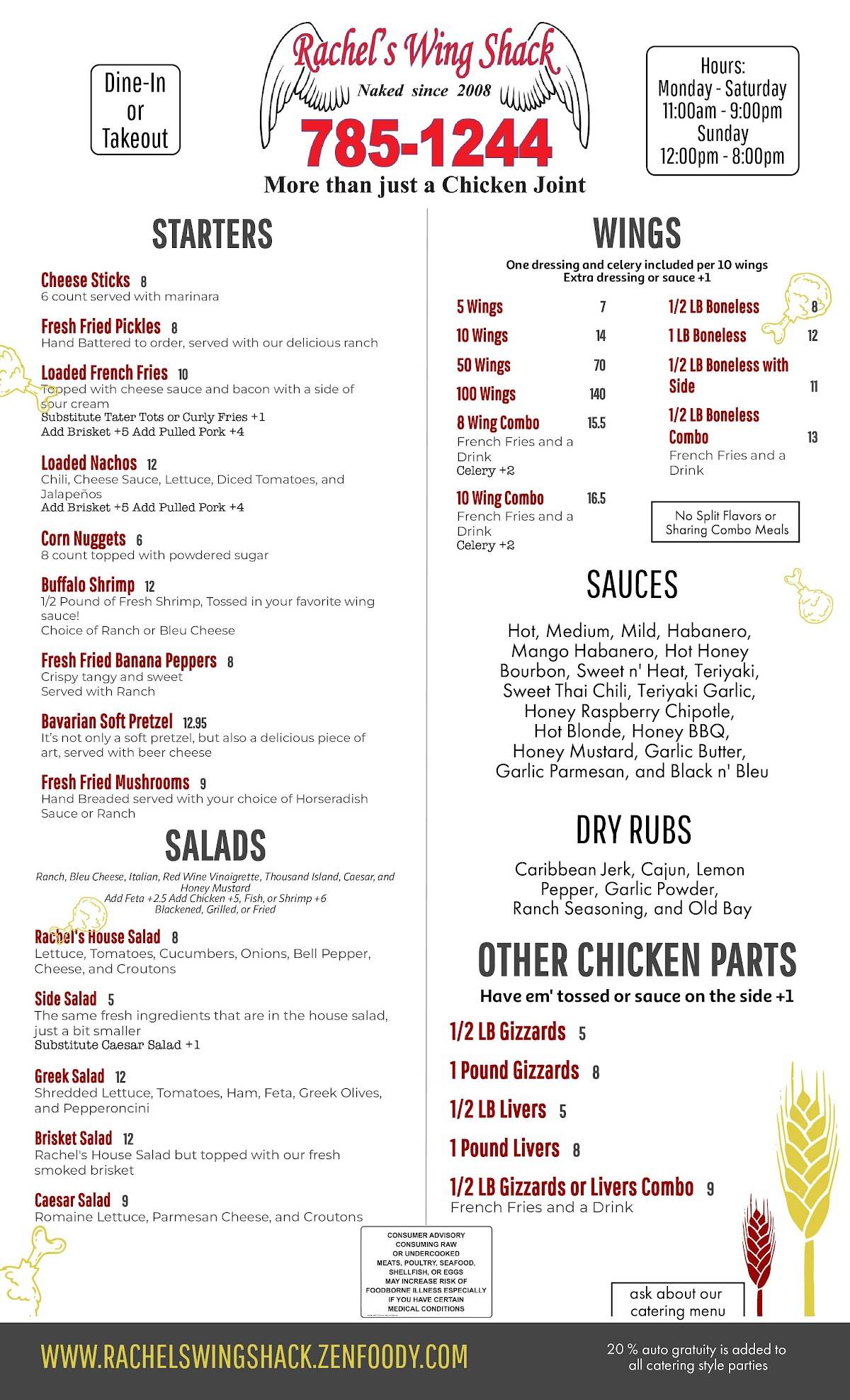 Menu at Rachel's wingshack restaurant, DeLand