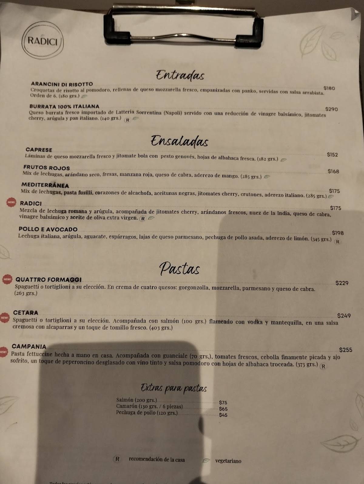Menu at Radici Pizza Napolitana restaurant, Mexico City
