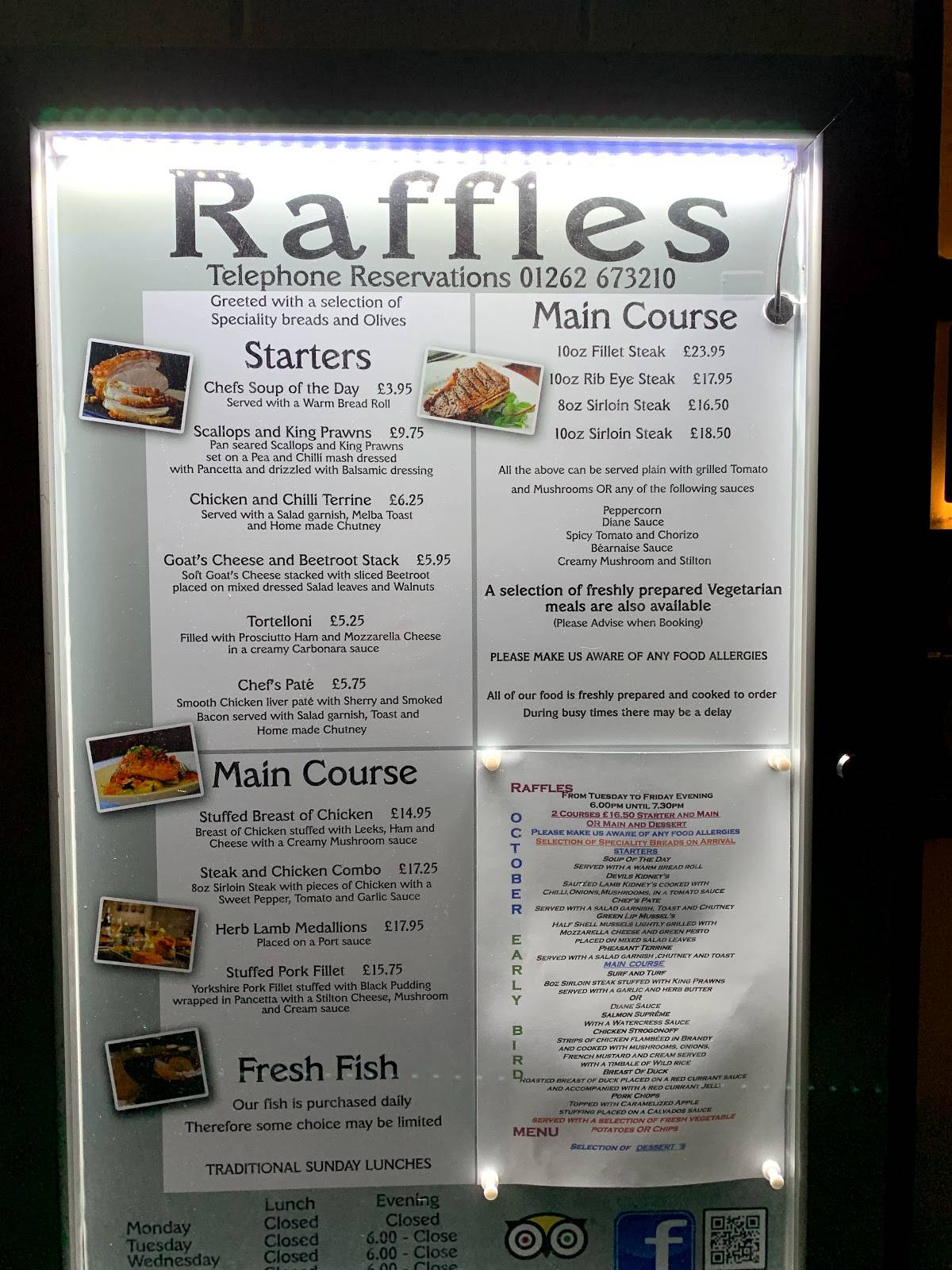 Menu at Raffles Restaurant, Bridlington