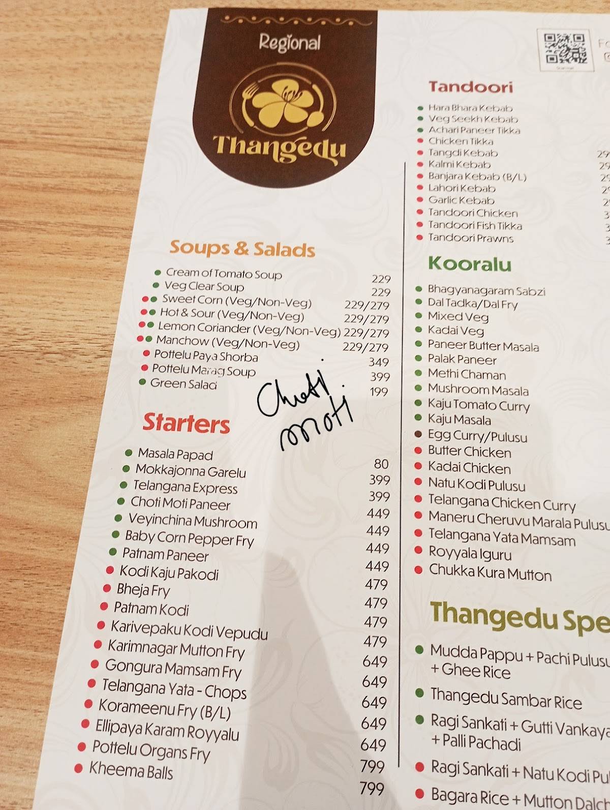 Menu at Thangedu, Rai Durg