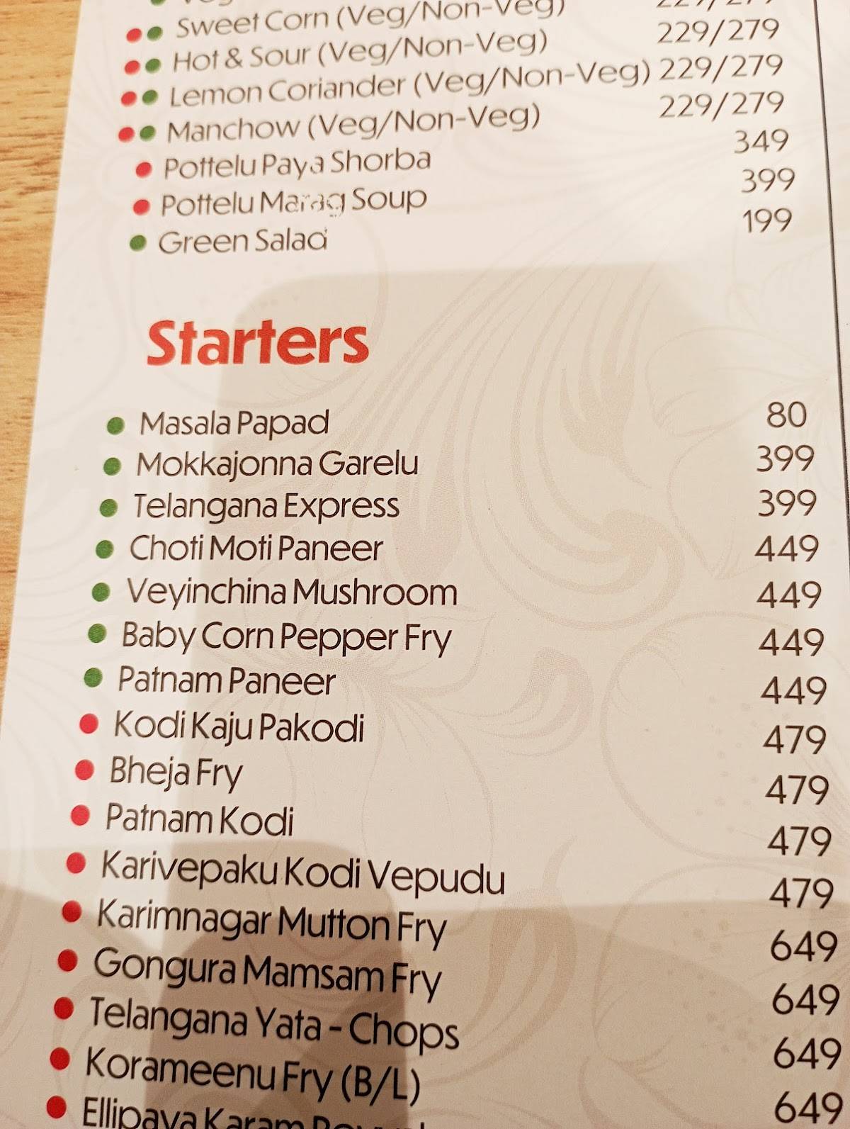 Menu at Thangedu, Rai Durg