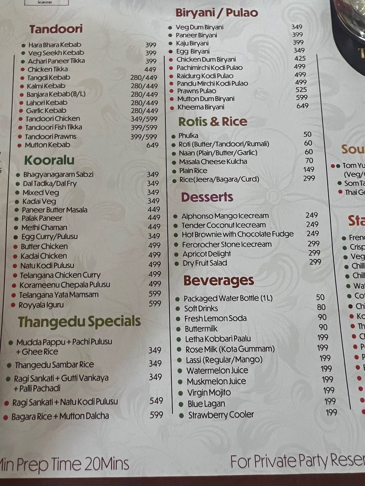 Menu at Thangedu, Rai Durg