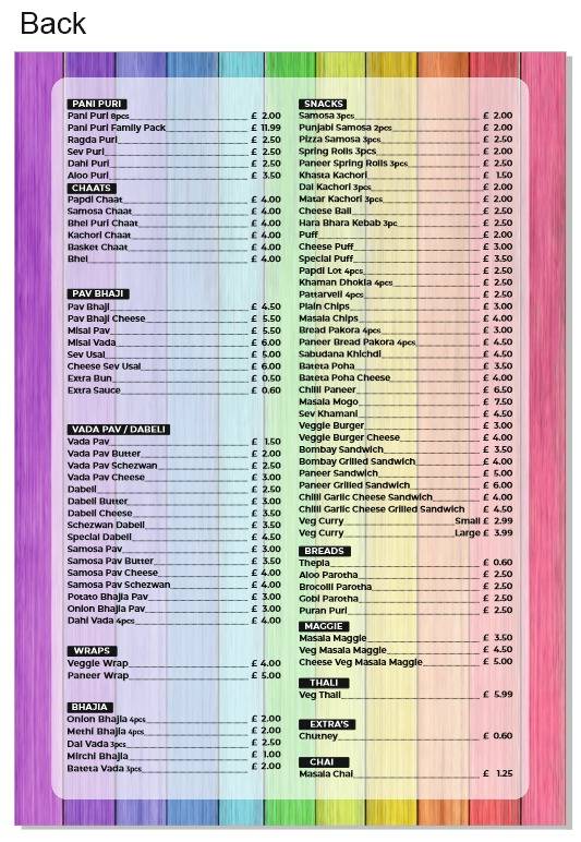 Menu at Rainbow Indian street food restaurant, Harrow