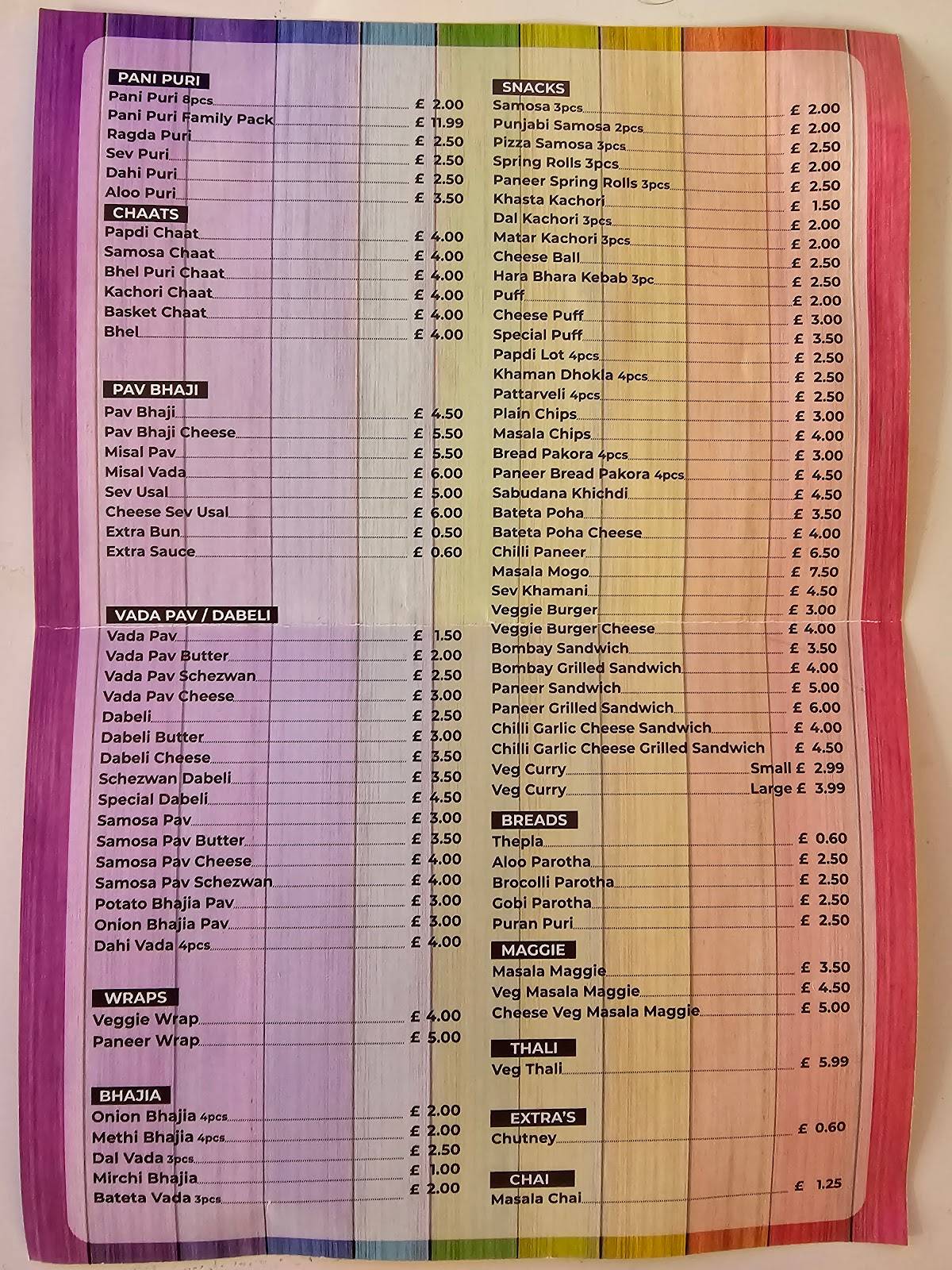Menu at Rainbow Indian street food restaurant, Harrow