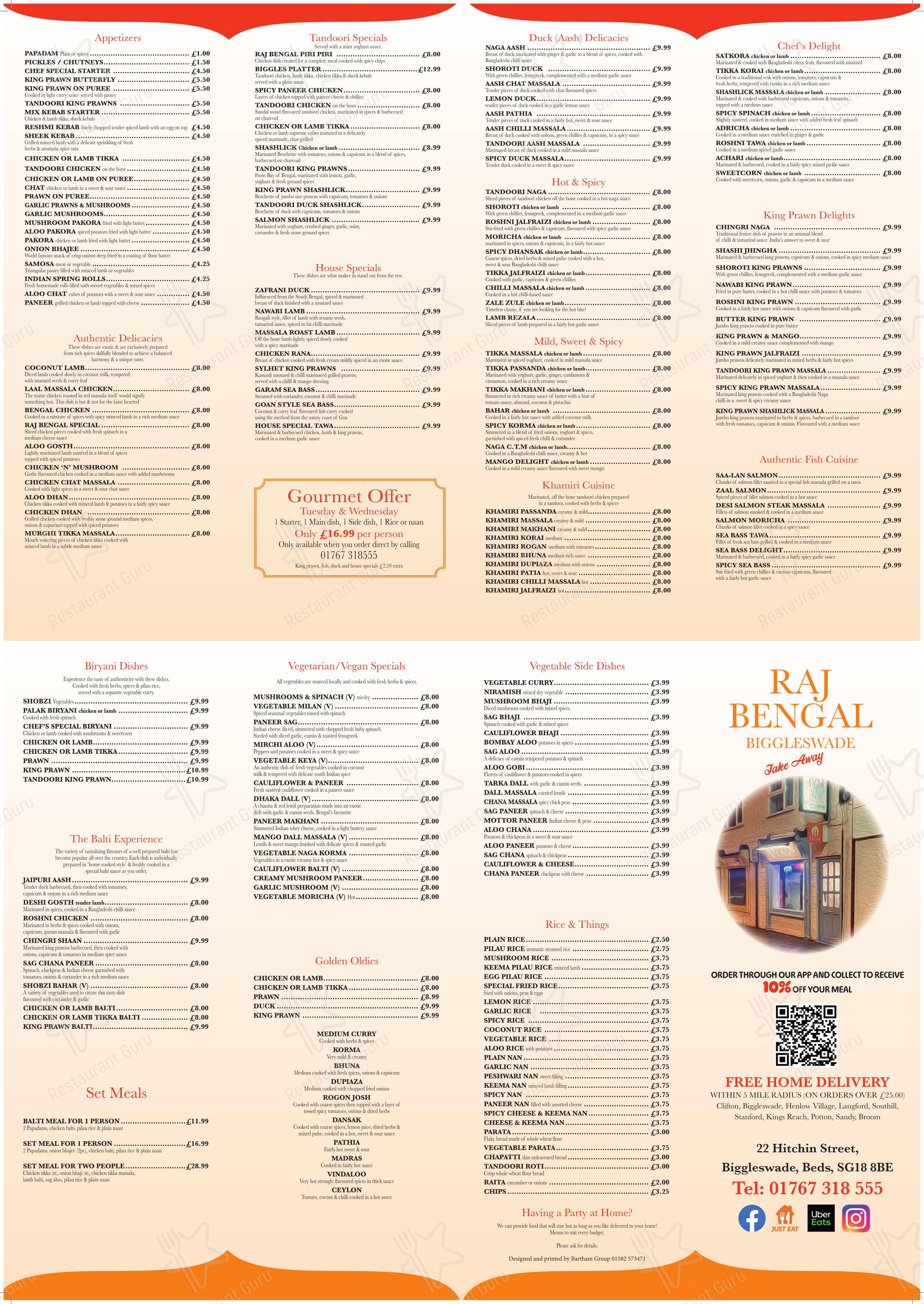 Menu at Raj Bengal fast food, Biggleswade
