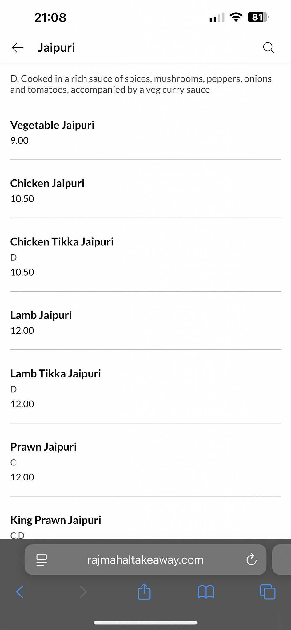 Menu at Raj Mahal restaurant, Dundee