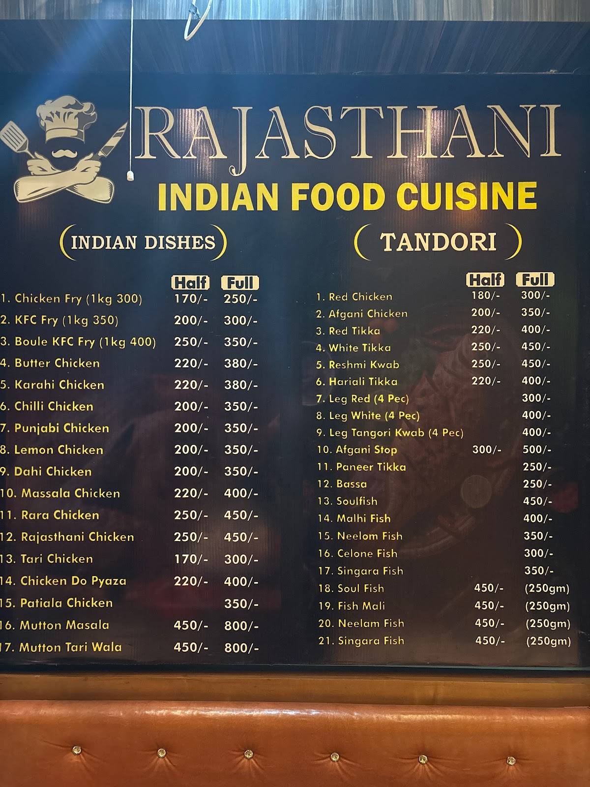 Menu at Rajasthani Indian food cuisine, India