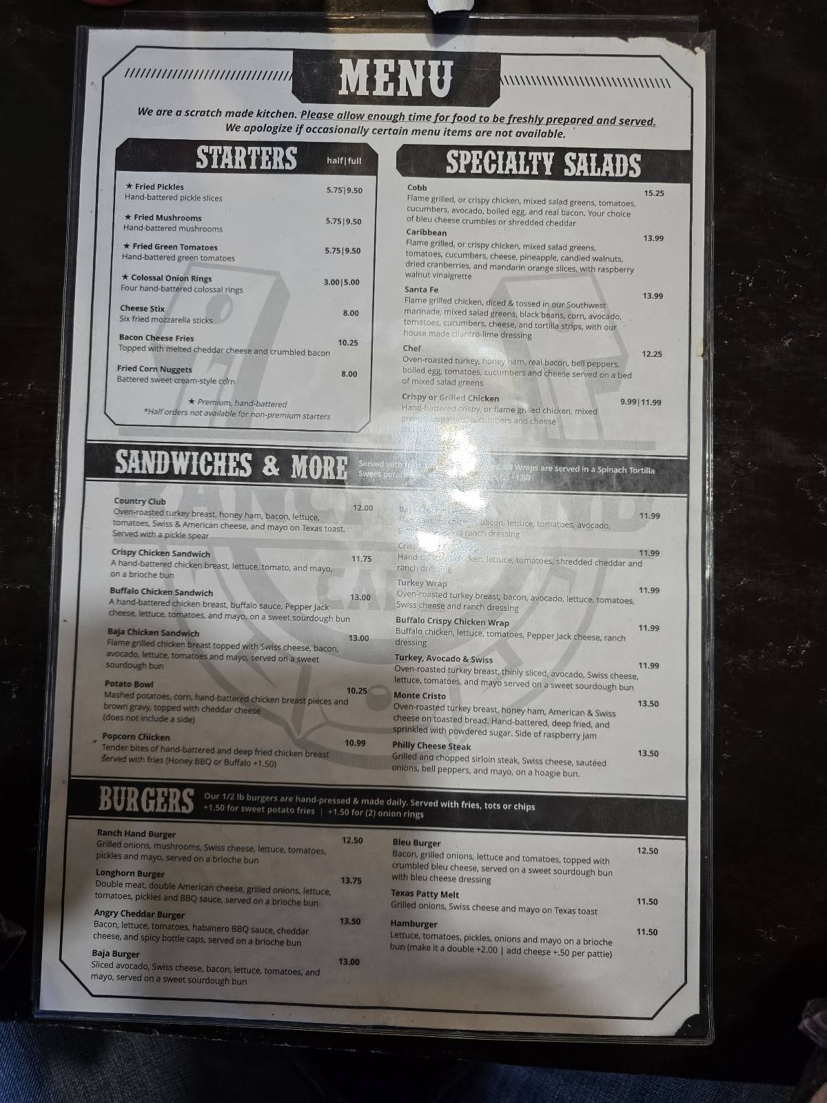 Menu at Ranch Hand Cafe, Cleveland, Highway 321