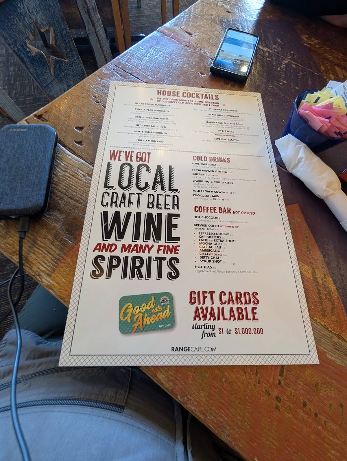 Menu at Range Cafe Los Lunas, Los Lunas
