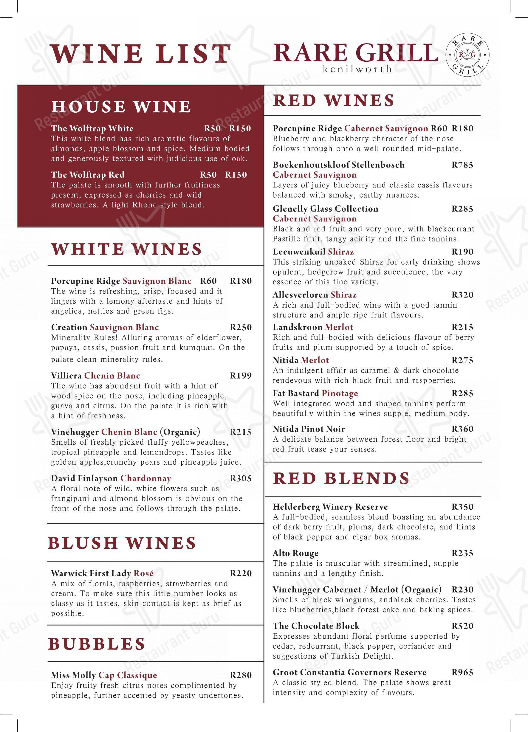 Menu at Rare Grill restaurant, Cape Town