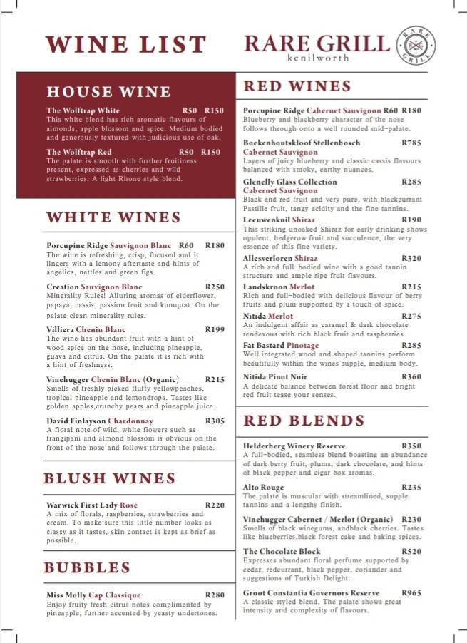 Menu at Rare Grill restaurant, Cape Town