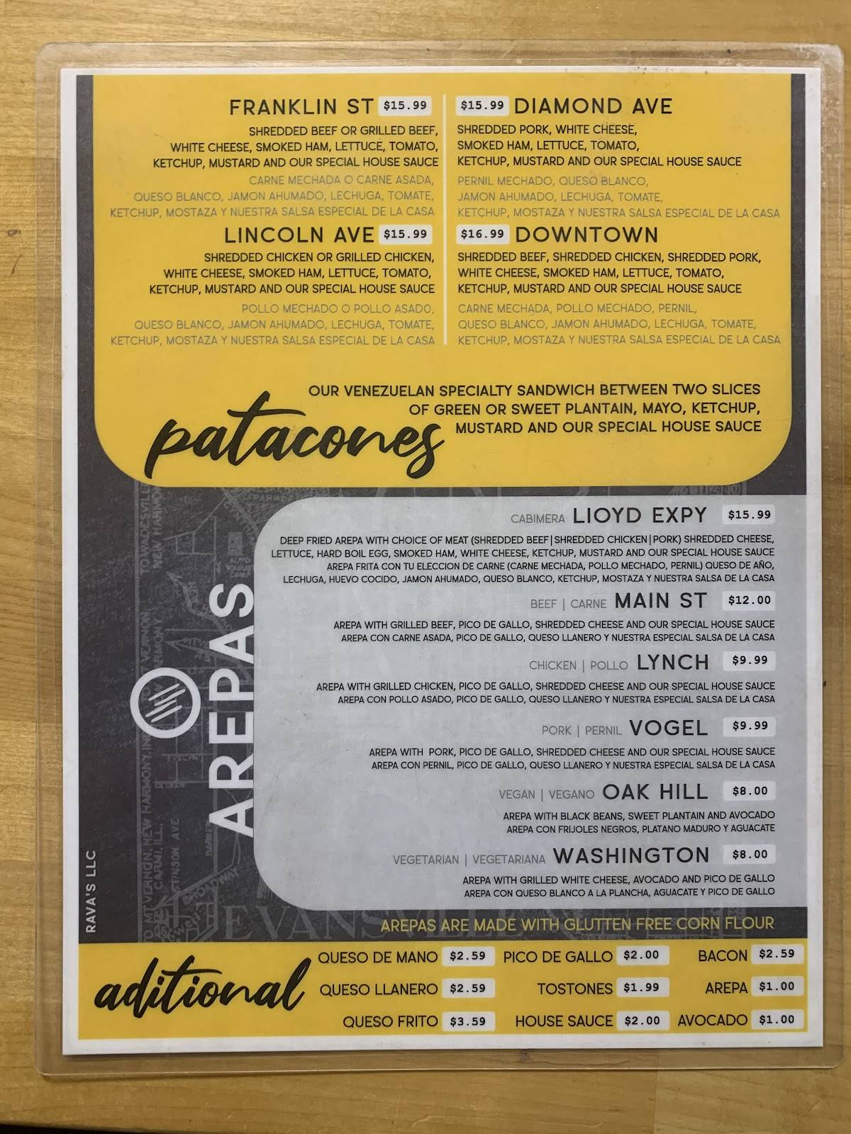 Menu at Rava's Venezuelan Cuisine restaurant, Evansville