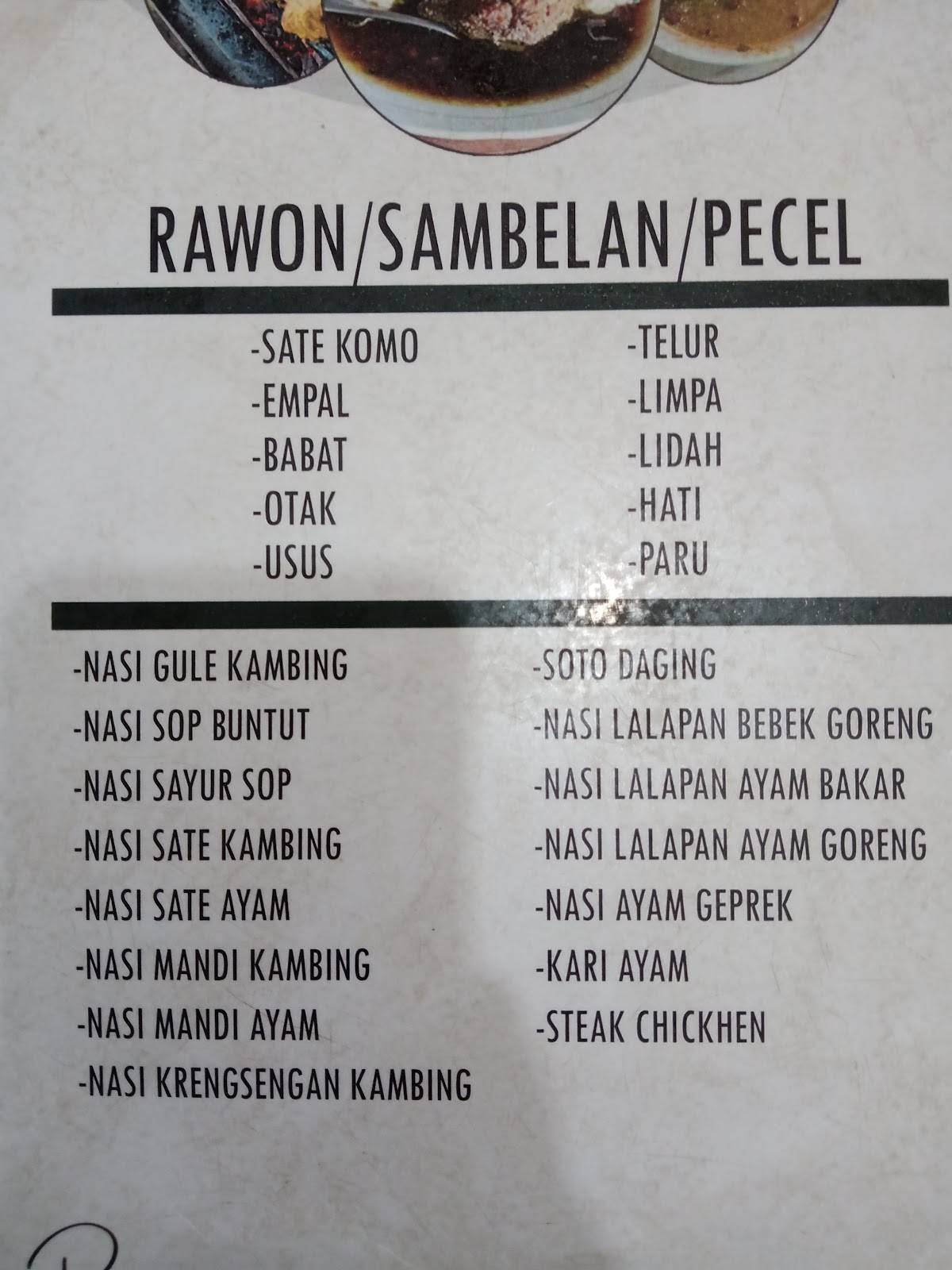 Menu at Rawon Sakinah restaurant, Pasuruan, 9W55+FJ2