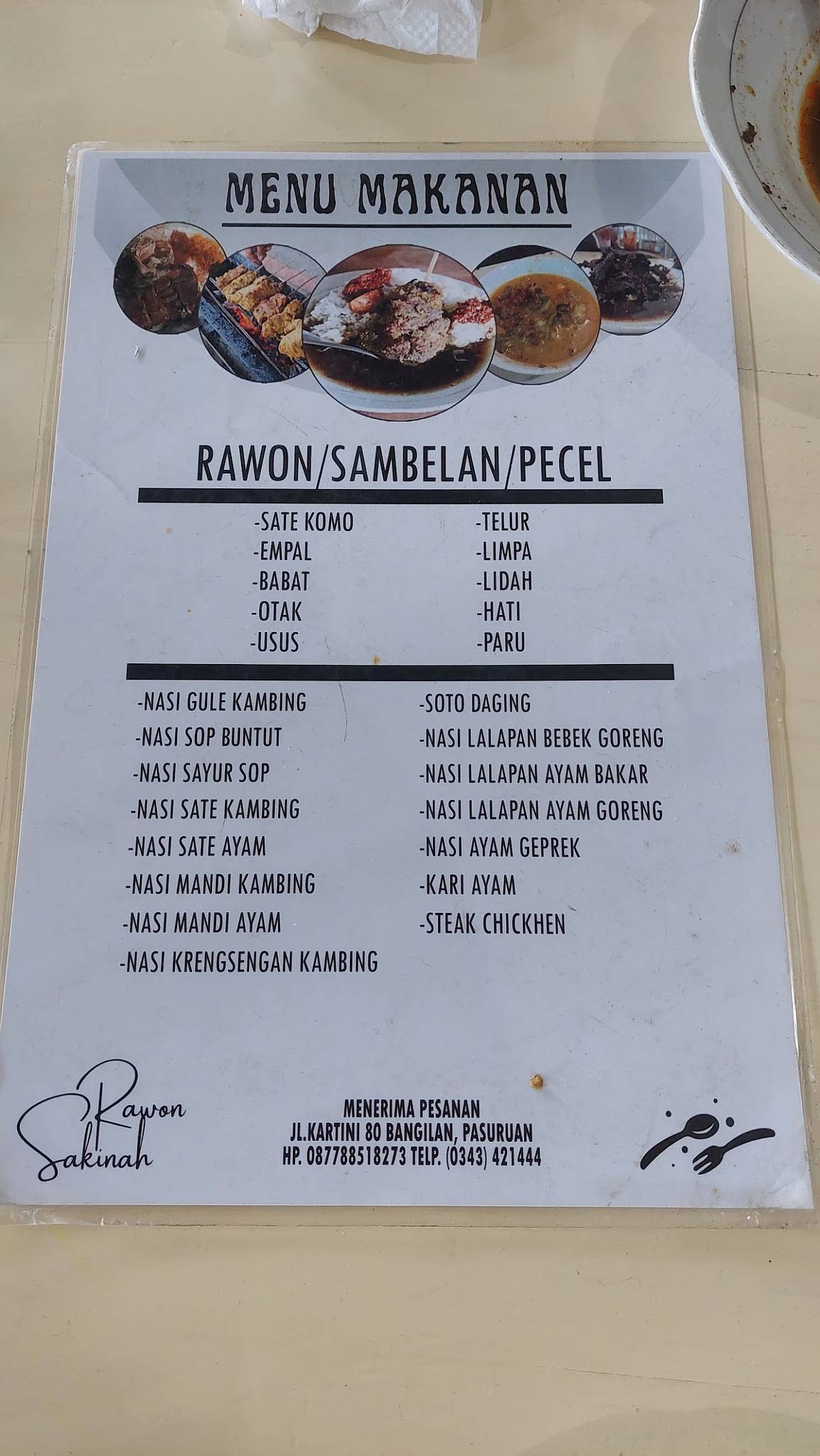 Menu at Rawon Sakinah restaurant, Pasuruan, 9W55+FJ2