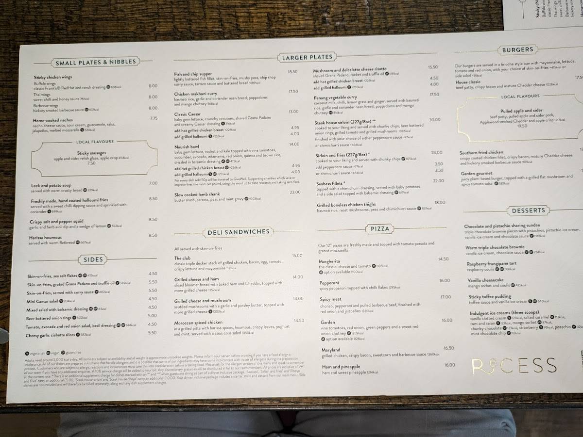 Menu at Recess cafe, Bristol