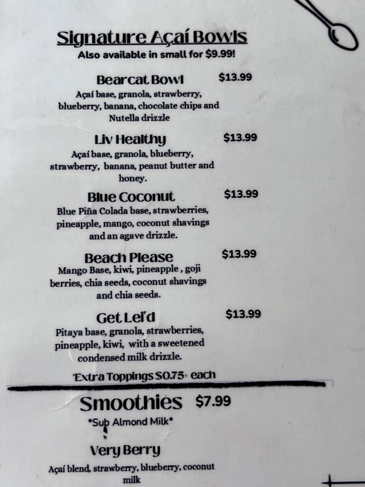 Menu at Recovery Room & Açaí Bar, Bainbridge