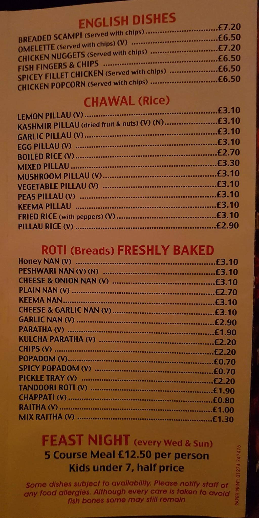 Menu at Red Chilli restaurant, Castleford