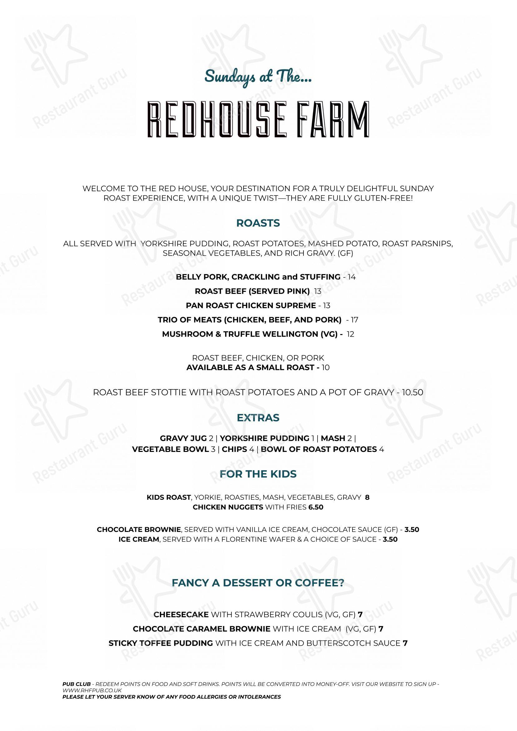 Menu at Red House Farm Public House, Whitley Bay